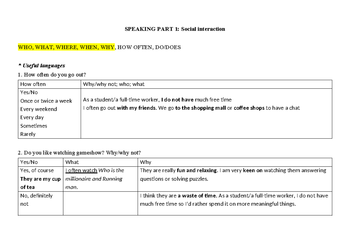 SPEAKING PRACTICE PART 1 & 2: Social Interaction & Useful Languages ...