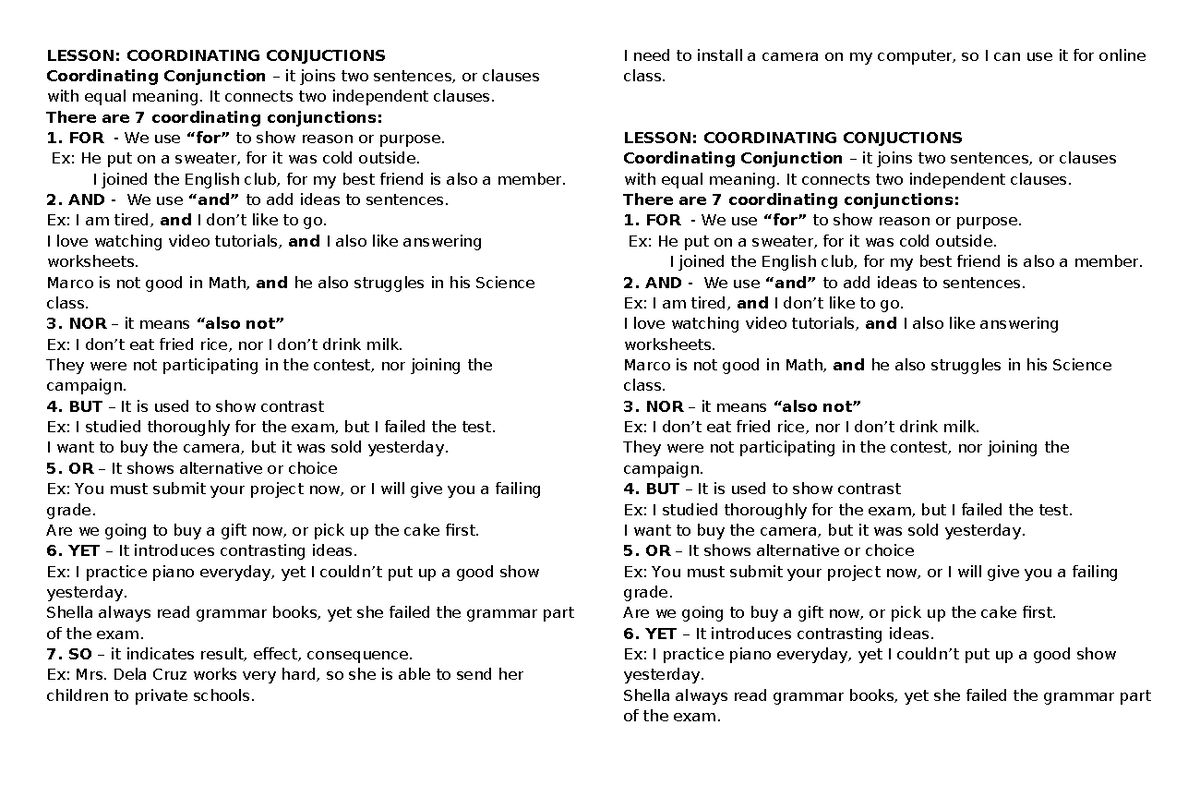 Conjunction - ACTIVITY - LESSON: COORDINATING CONJUCTIONS Coordinating ...