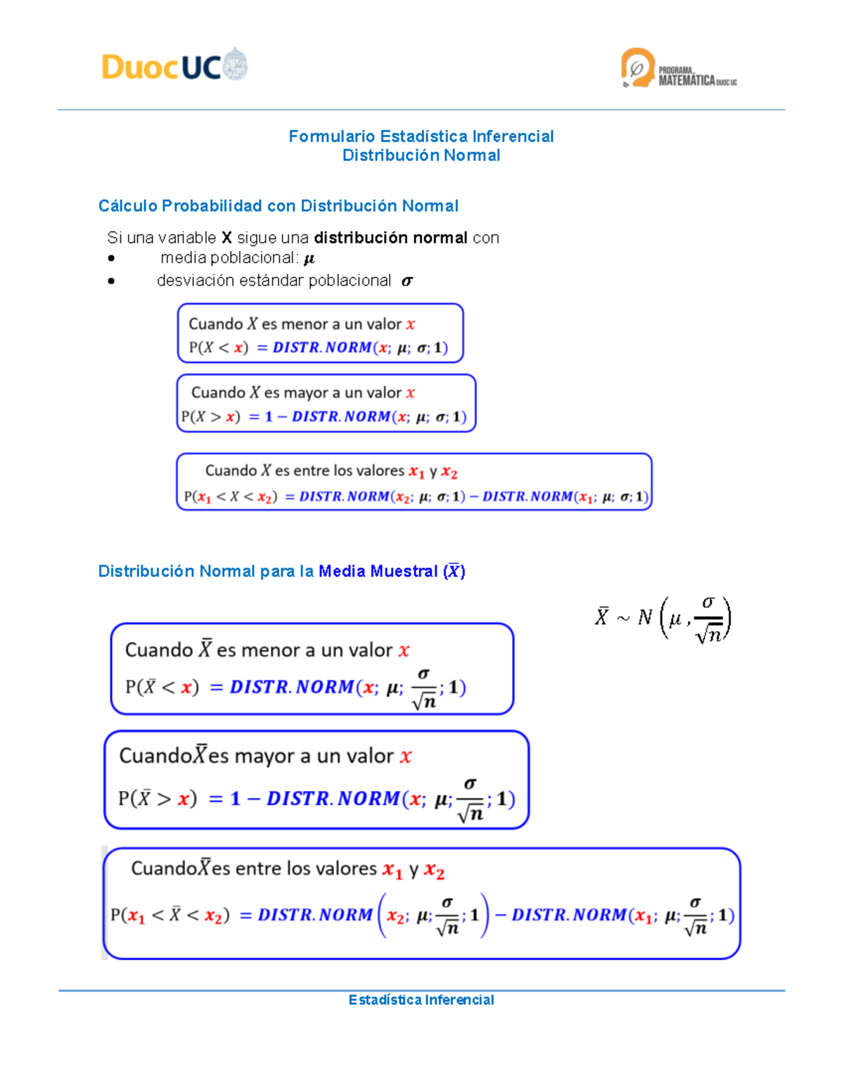Formulario Distribucion Normal - Estadistica descriptiva - Estadística Inferencial Formulario ...