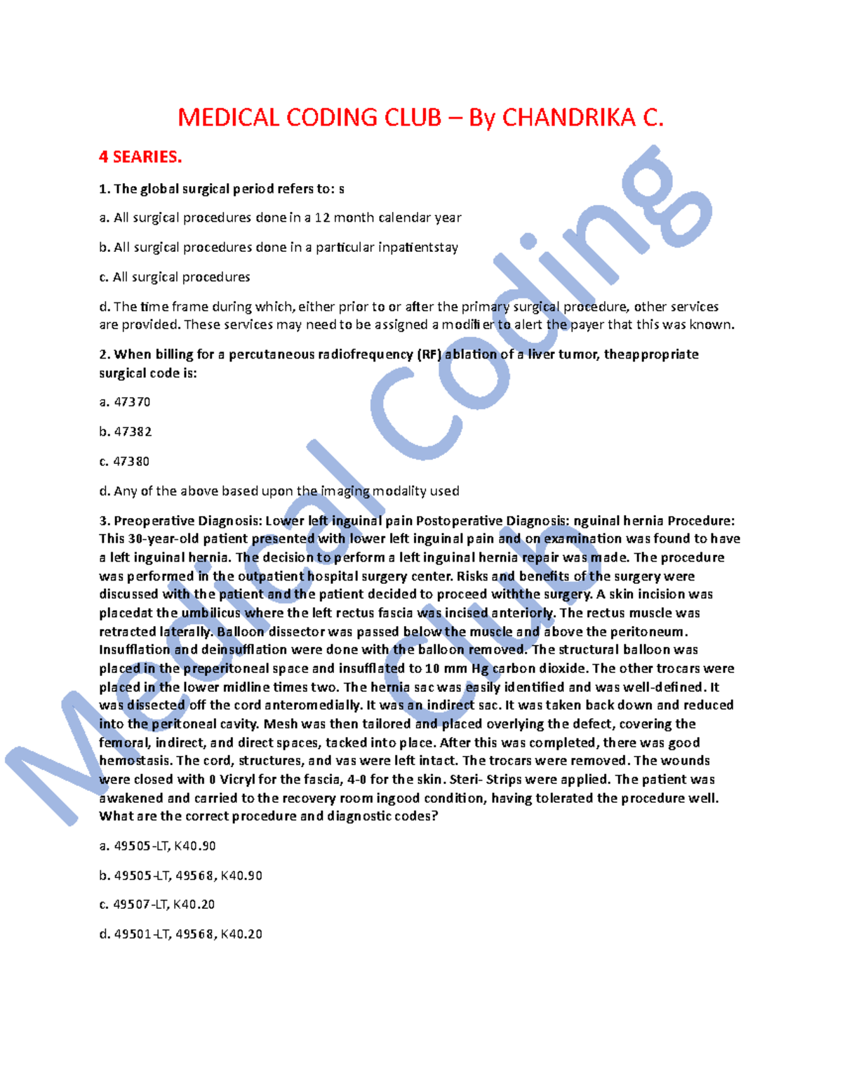 CPT 4 Series Questions – Medical Coding Club Review - Studocu