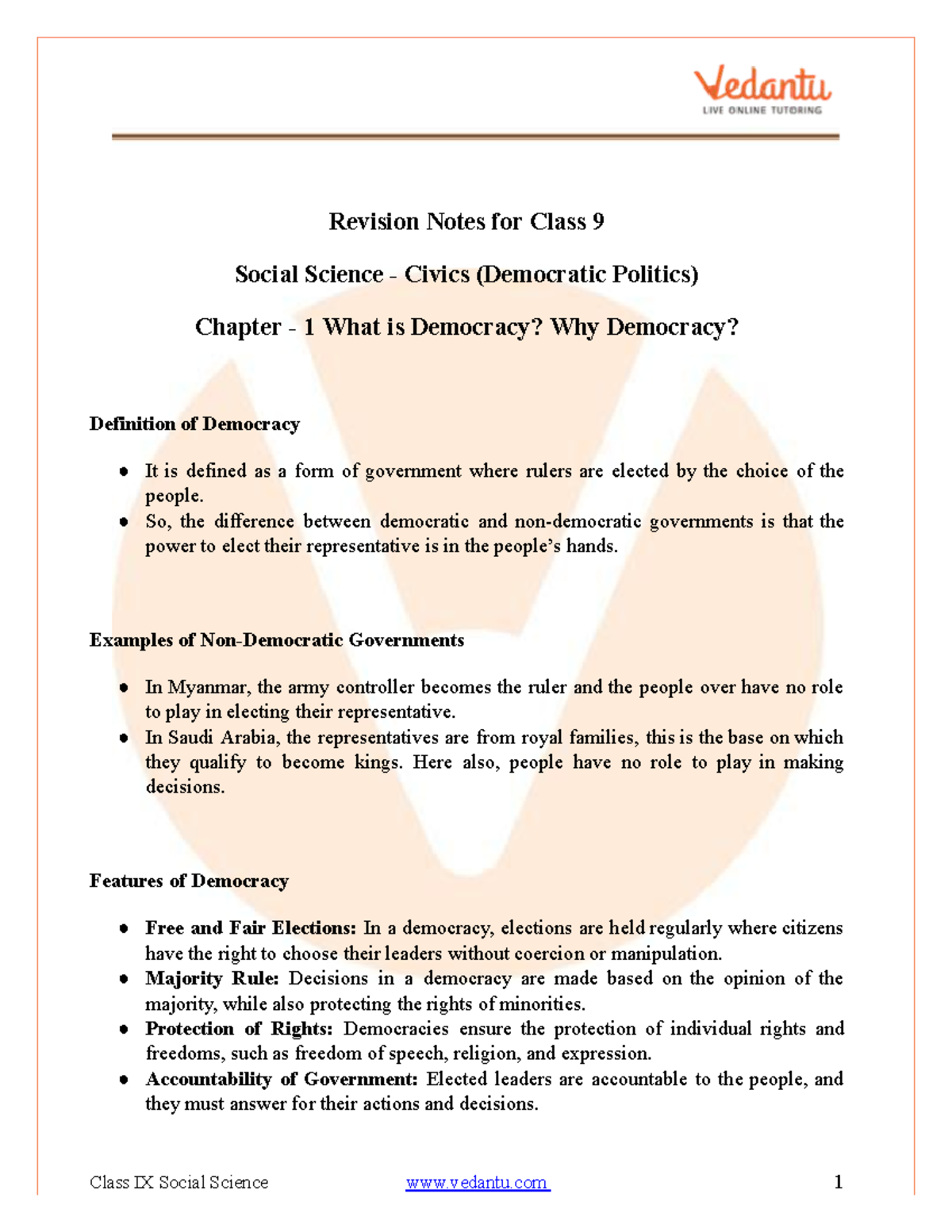 Civics Class IX Notes: Chapter 1 - What is Democracy? Why Democracy ...