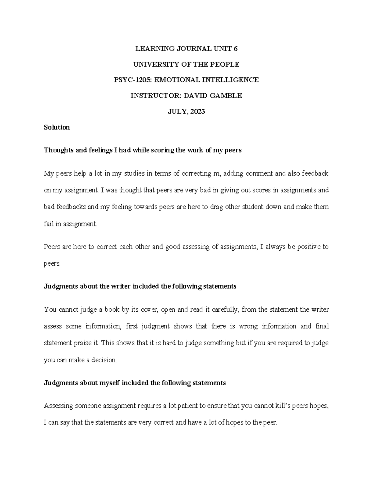 Learning Journal Unit 6: Emotional Intelligence Reflections - Studocu