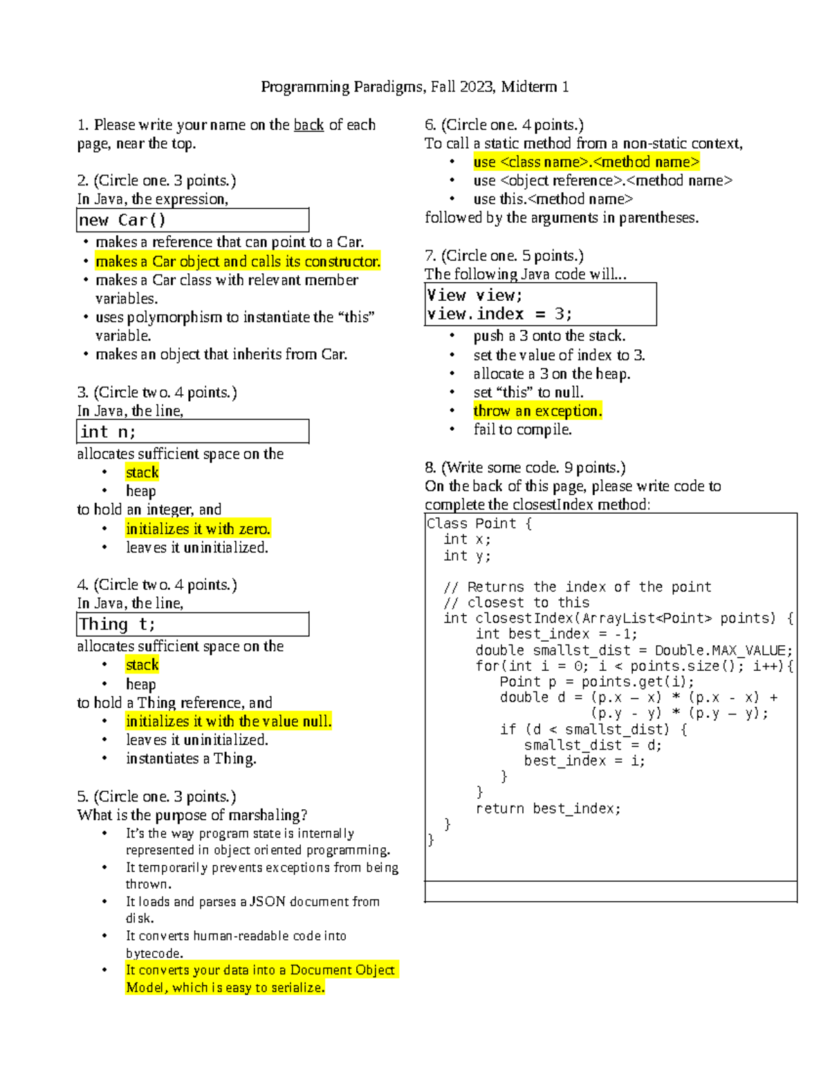 Programming Paradigms - Fall 2023 Midterm 1 Exam Form - Studocu