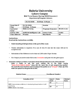 AI Final Exam - Bahria University, Lahore Campus Course: Artificial ...