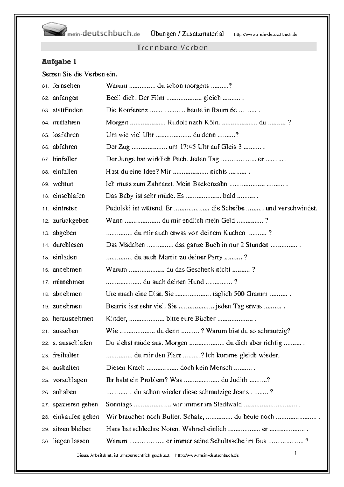 Übungen Zusatzmaterial: Trennbare Verben Aufgabe 1 & 2 - Studeersnel