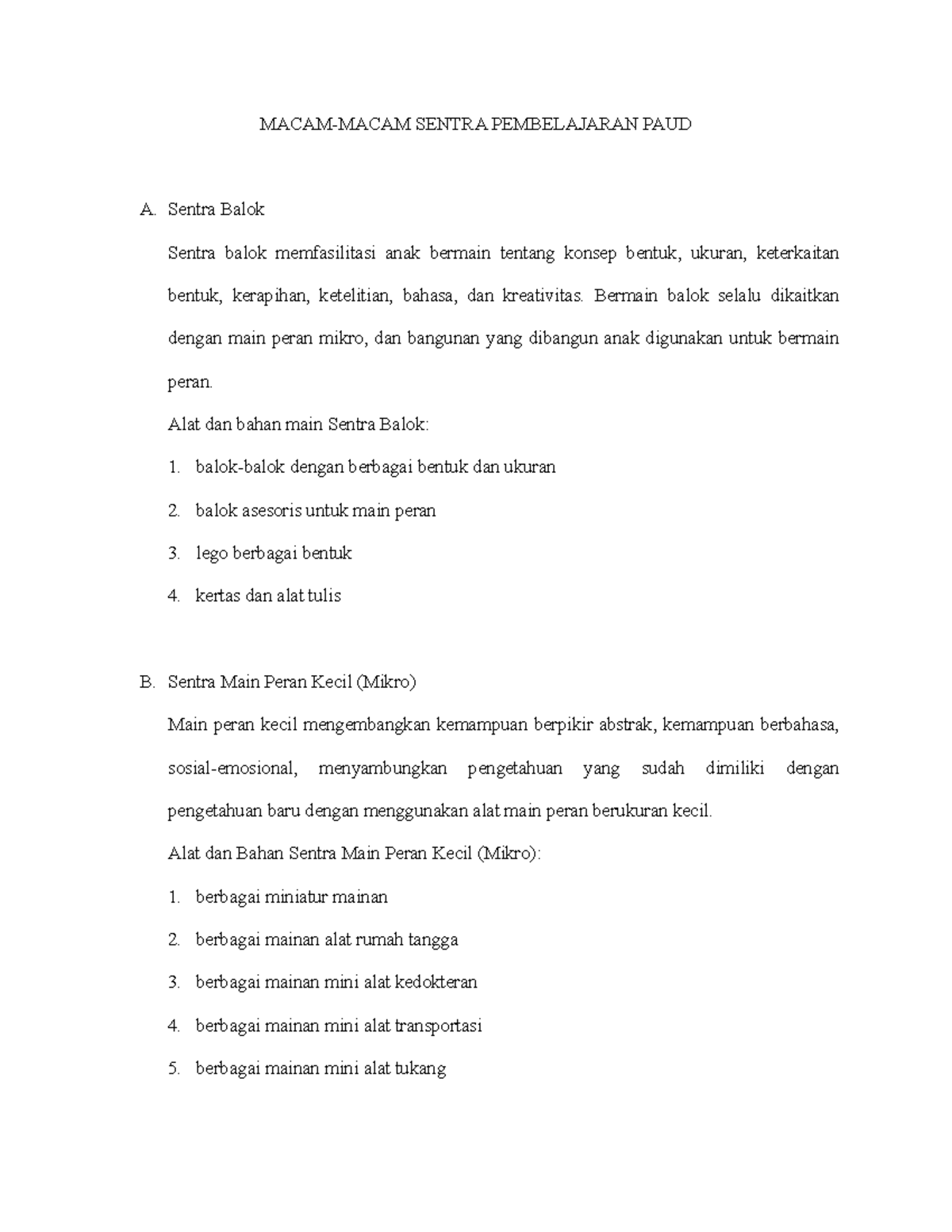 Variasi Sentra Pembelajaran PAUD: Mengembangkan Kreativitas Anak - Studocu