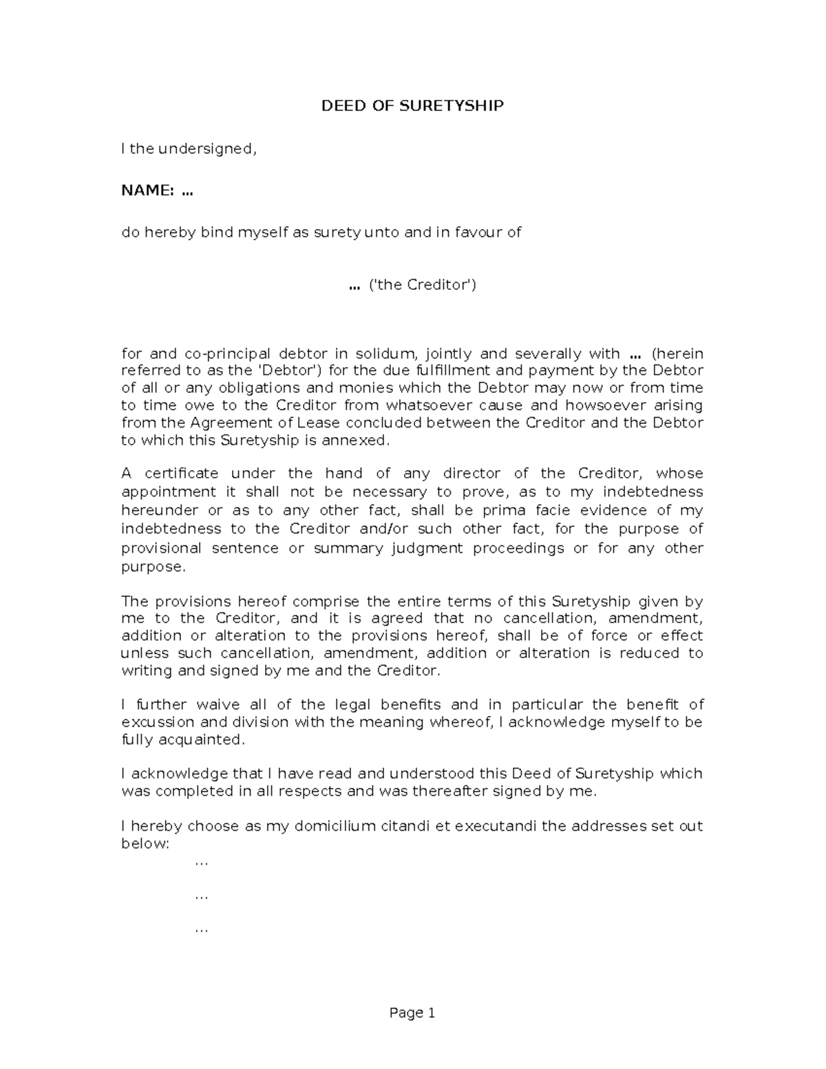 DEED OF SURETYSHIP FOR LEASE AGREEMENT OBLIGATIONS - Studocu