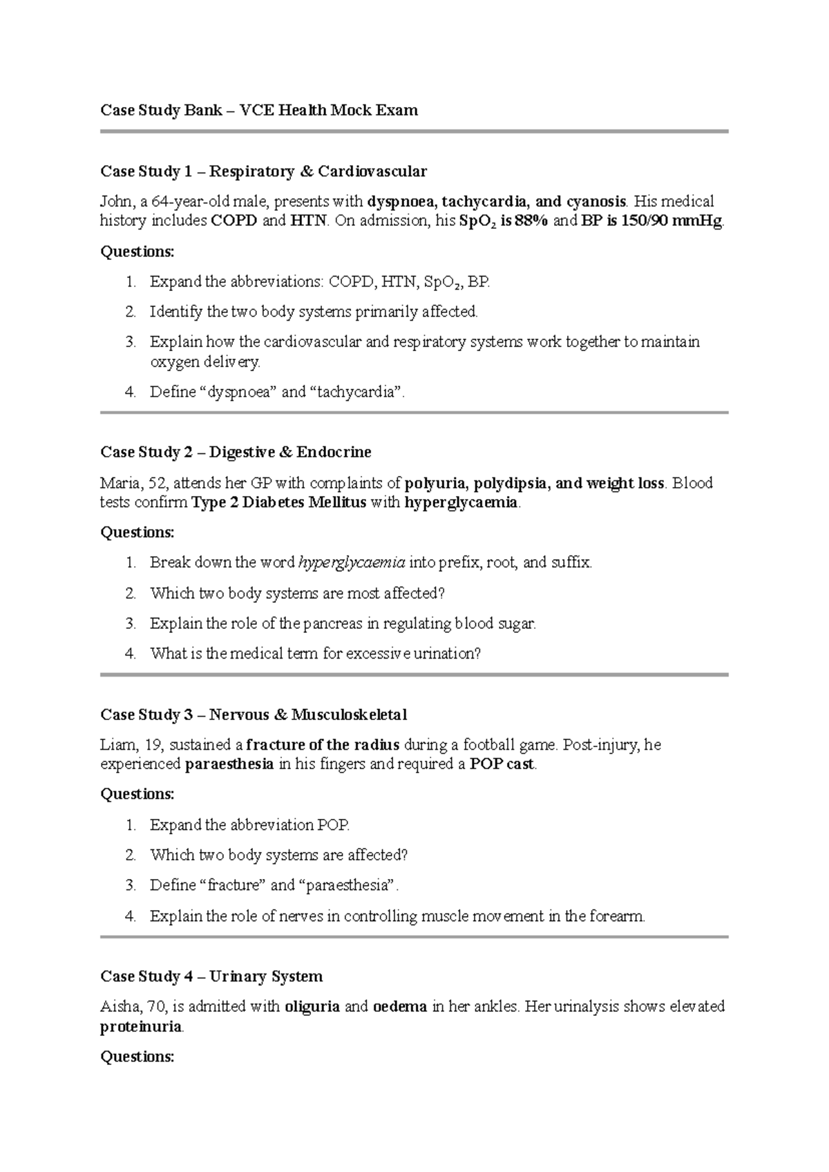 VCE Health Mock Exam Case Study Bank: Systems Overview and Analysis - Studocu