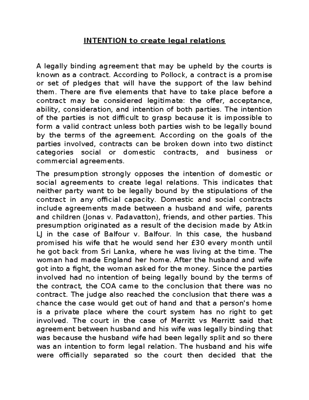 Intention to create legal relations - INTENTION to create legal ...