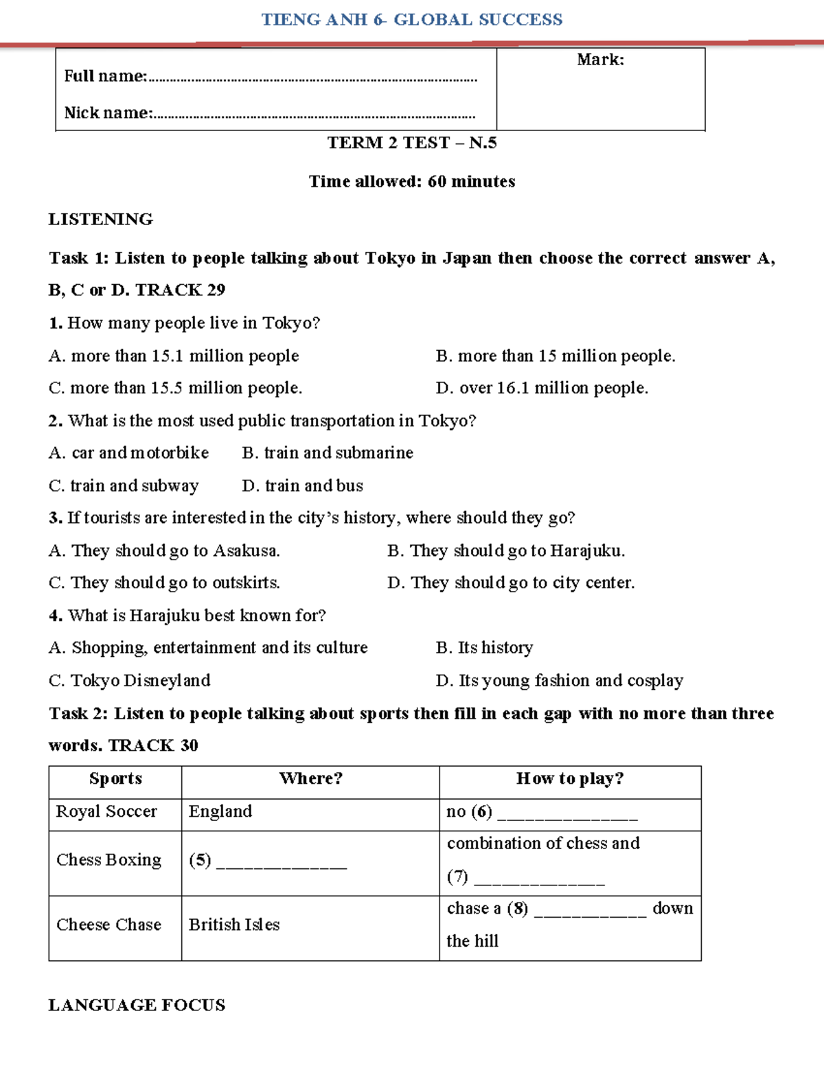 TIENG ANH GLOBAL SUCCESS: TERM 2 TEST N.5 Listening & Writing - Studocu