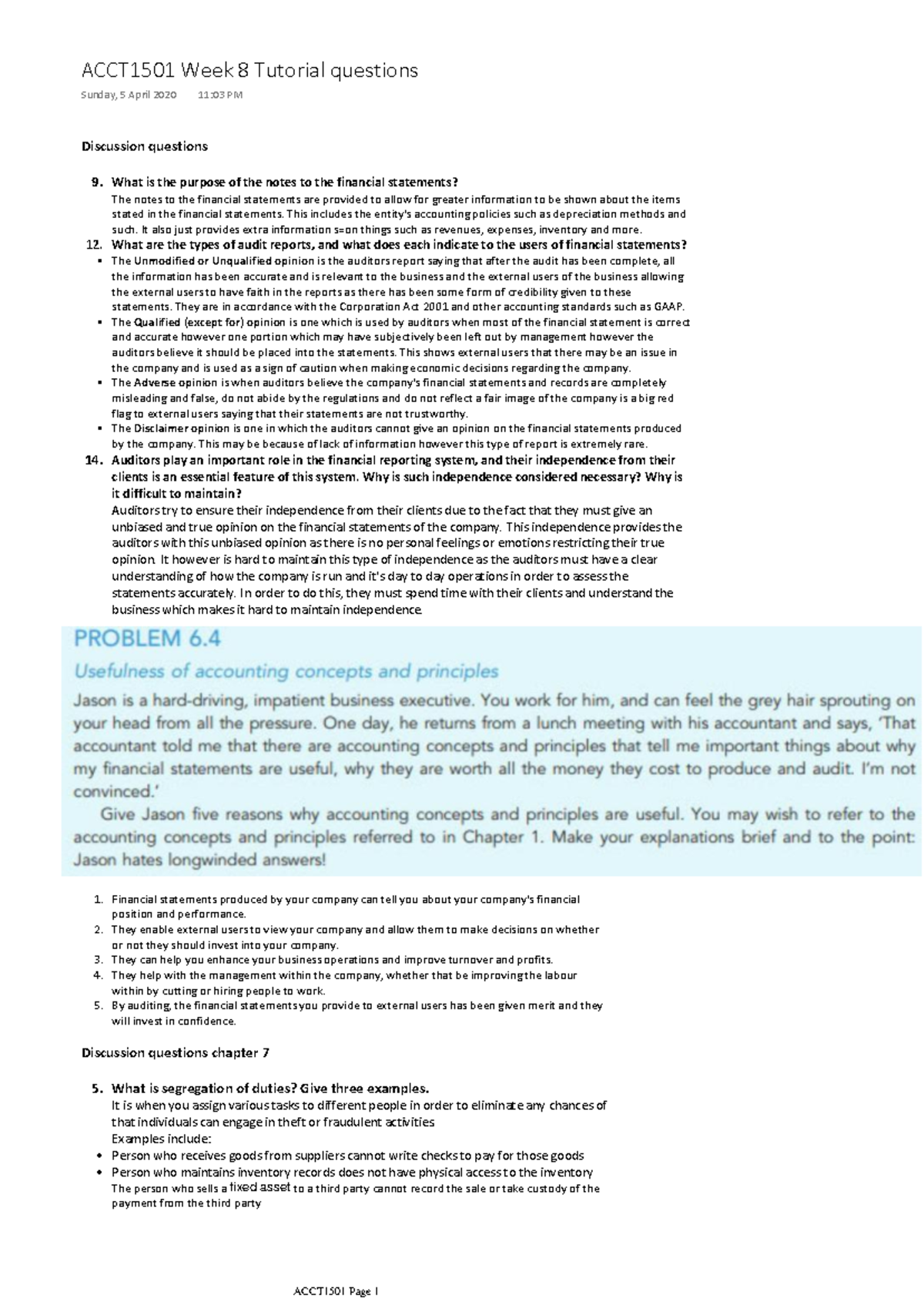 ACCT1501 Week 8 Tutorial questions - Warning: TT: undefined function ...