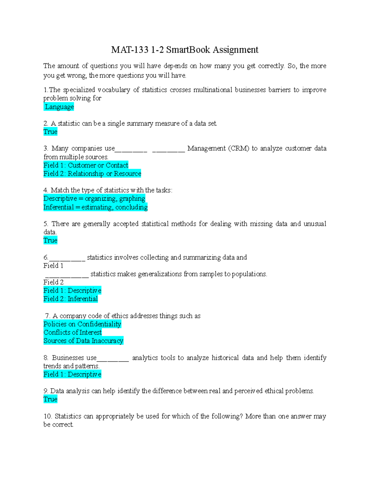 MAT-133 1-2 SmartBook Assignment: Understanding Statistics Concepts - Studocu