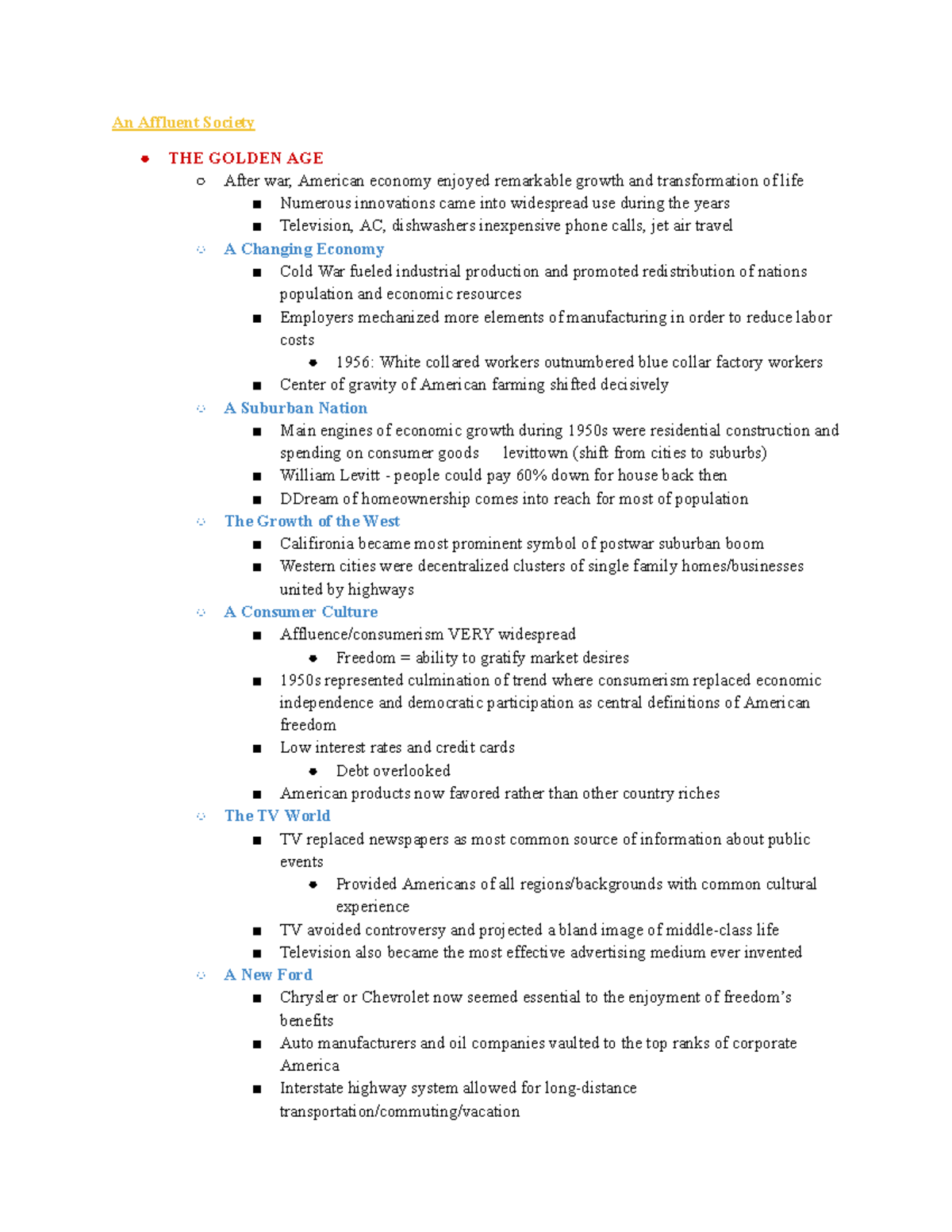 Ch 24 Notes Apush - An Affluent Society THE GOLDEN AGE After war ...