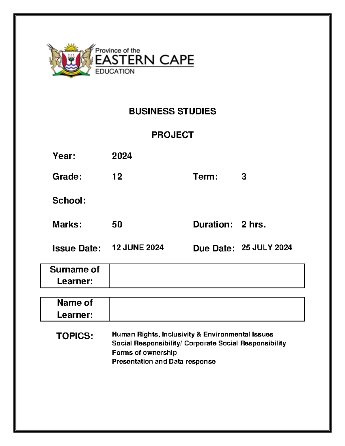 Grade 12 Business Studies Project - Human Rights & CSR 2024 - Studocu