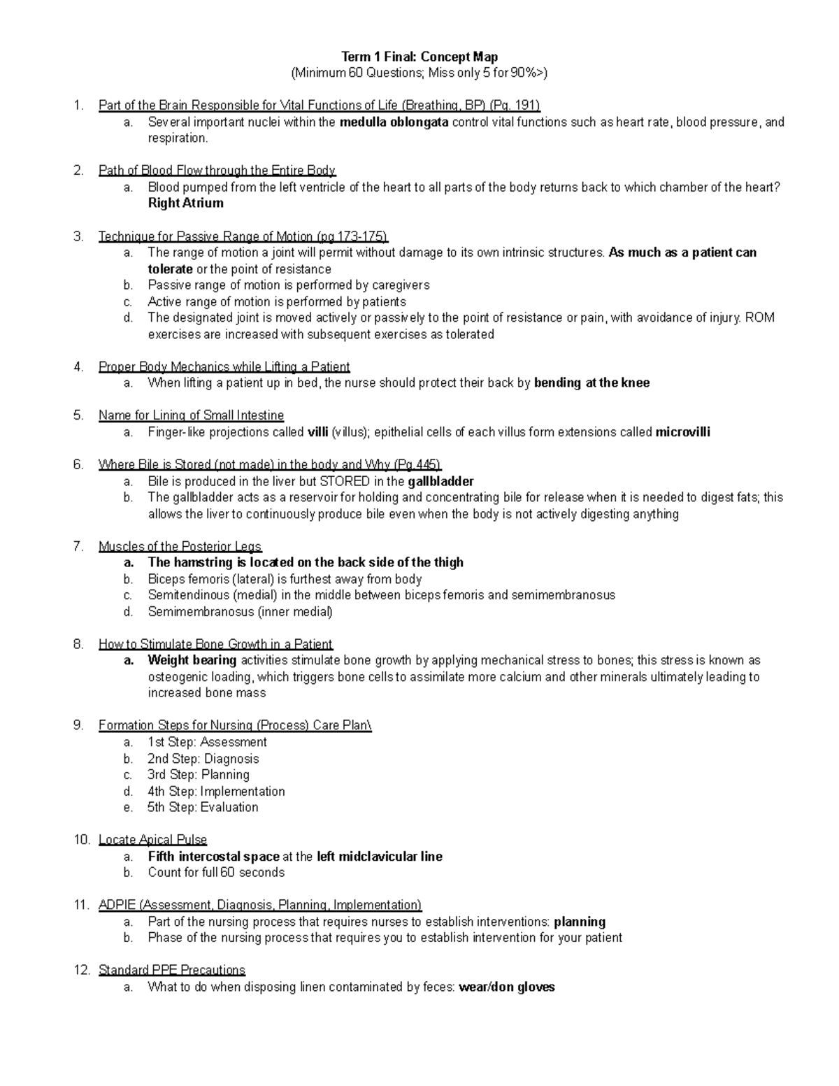 Term 1 Final Exam: Vital Functions & Nursing Concepts Overview - Studocu