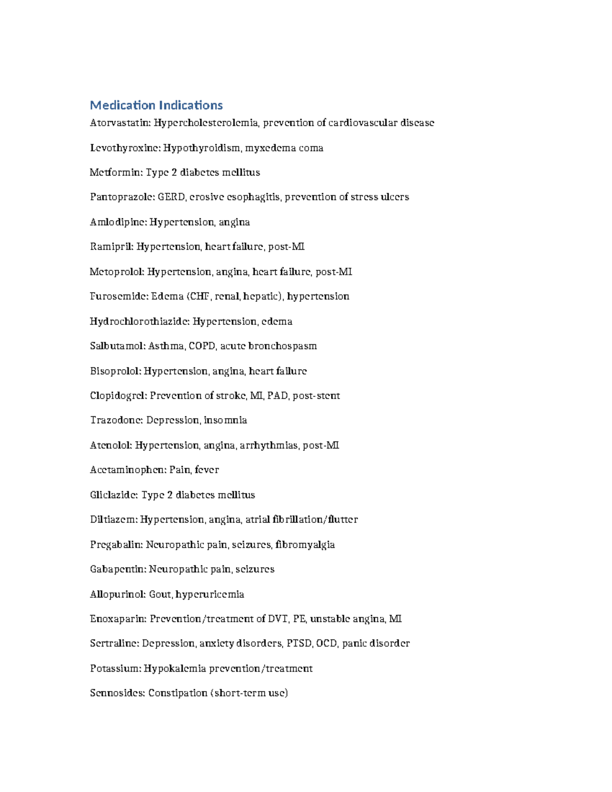 Medication Indications for Common Drugs: A Comprehensive Guide - Studocu