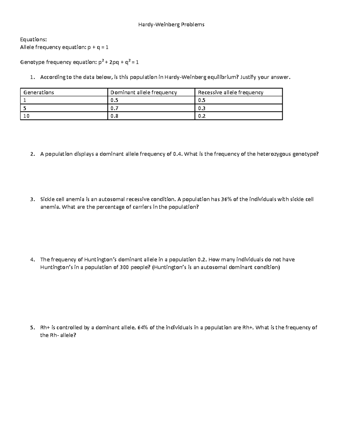 Extra Hardy-Weinberg problems: allele and genotype frequency equations ...