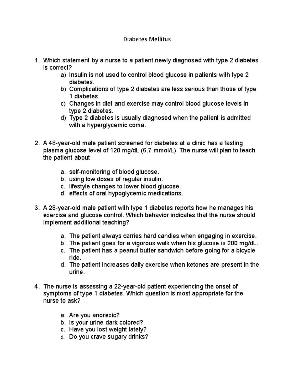 Diabetes Mellitus Exam study test - Diabetes Mellitus Which statement ...