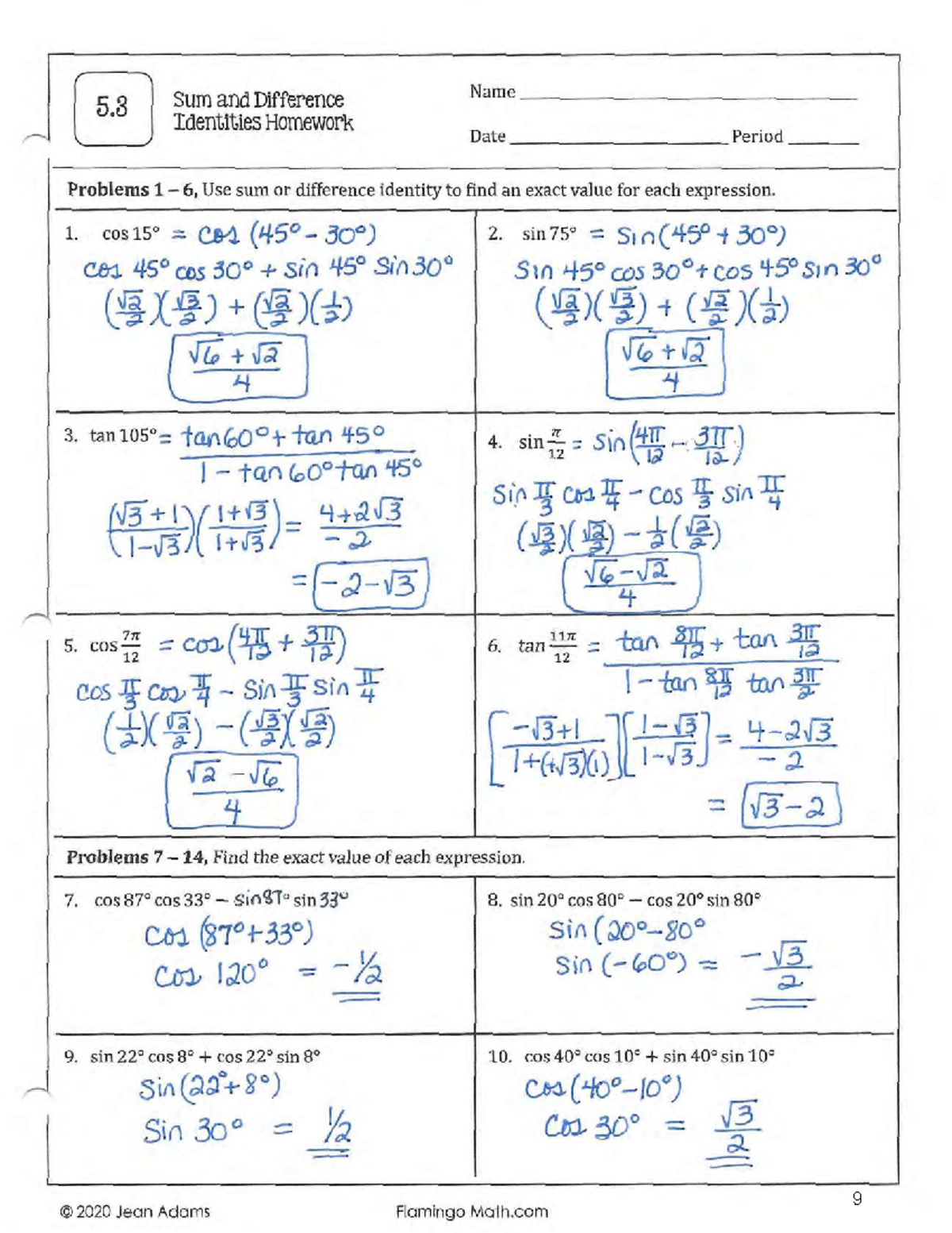 5.3 sum and difference identities homework - 5 Sum and Difference Name ...