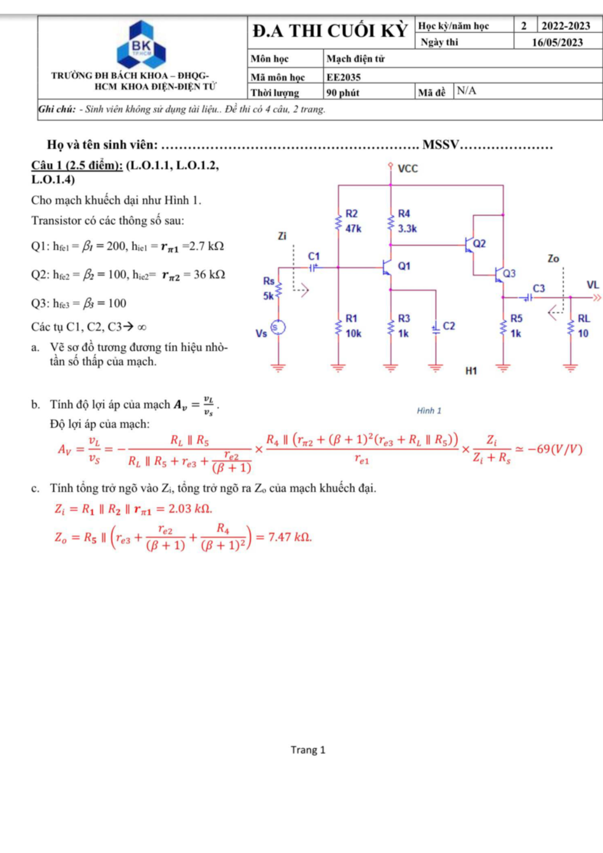 CK222 Đáp Án Thi Cuối Kỳ Môn Học Mạch Điện Tử - Studocu