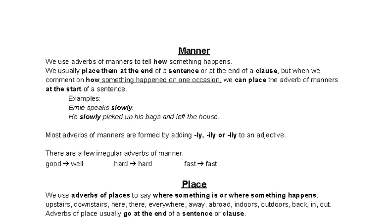 Adverb Usage: Manner, Time, and Place Explained - Studocu