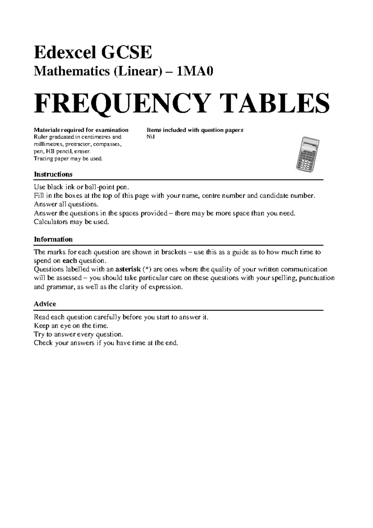 Edexcel GCSE Maths 1MA0: Frequency Tables Exam Guide - Studocu