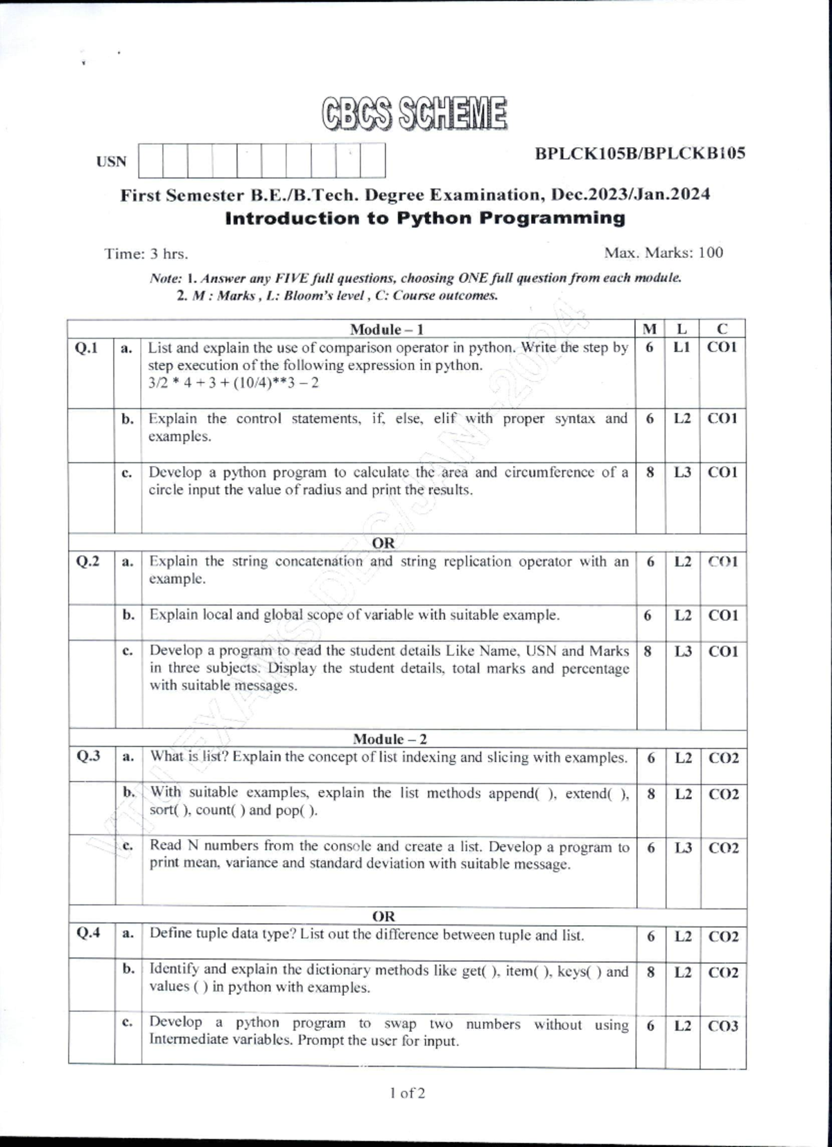 Previous Year Question Papers for Intro to Python Programming (BPLCK105B) - Studocu