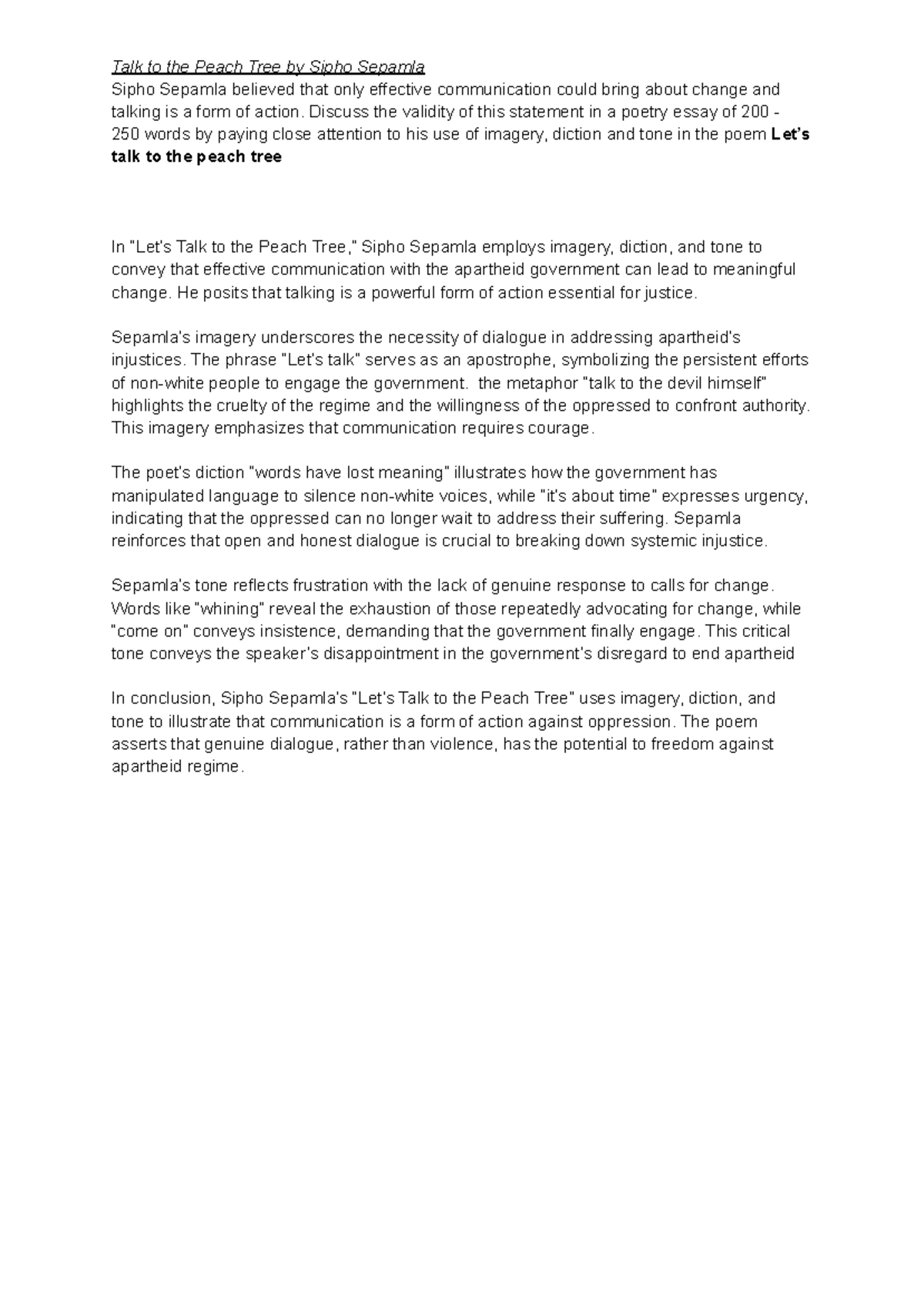 ENG-202 Poetry Essay: Analyzing Sepamla's "Talk to the Peach Tree ...