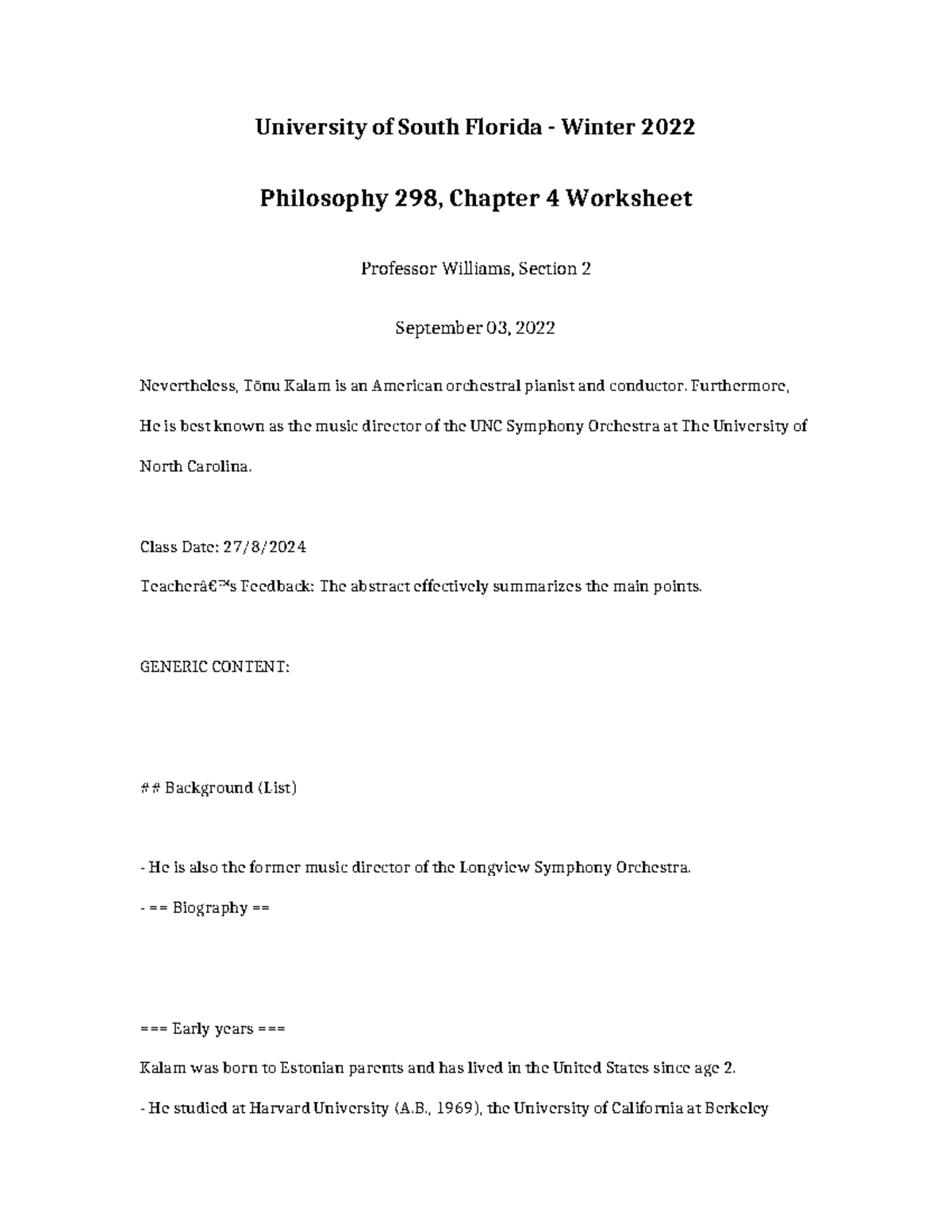 Philosophy 298 Chapter 4 Worksheet - University of South Florida ...