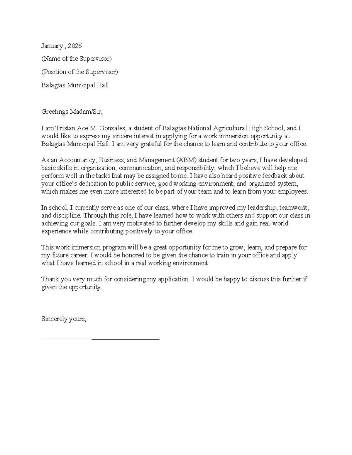 ABM Work Immersion Cover Letter Sample - January 2026 - Studocu