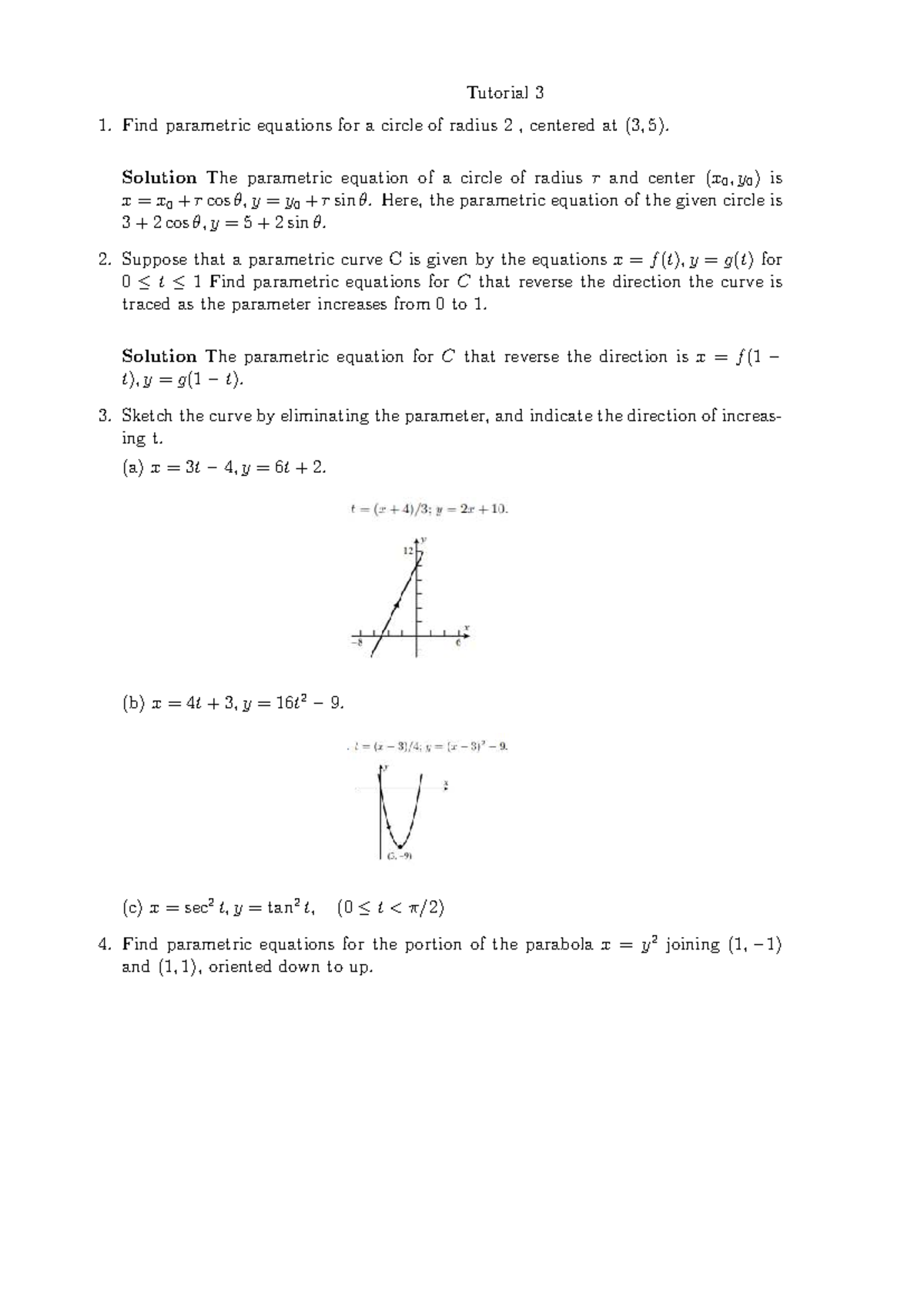 Tutorial 6 Solutions: Parametric Equations and Curves Analysis - Studocu