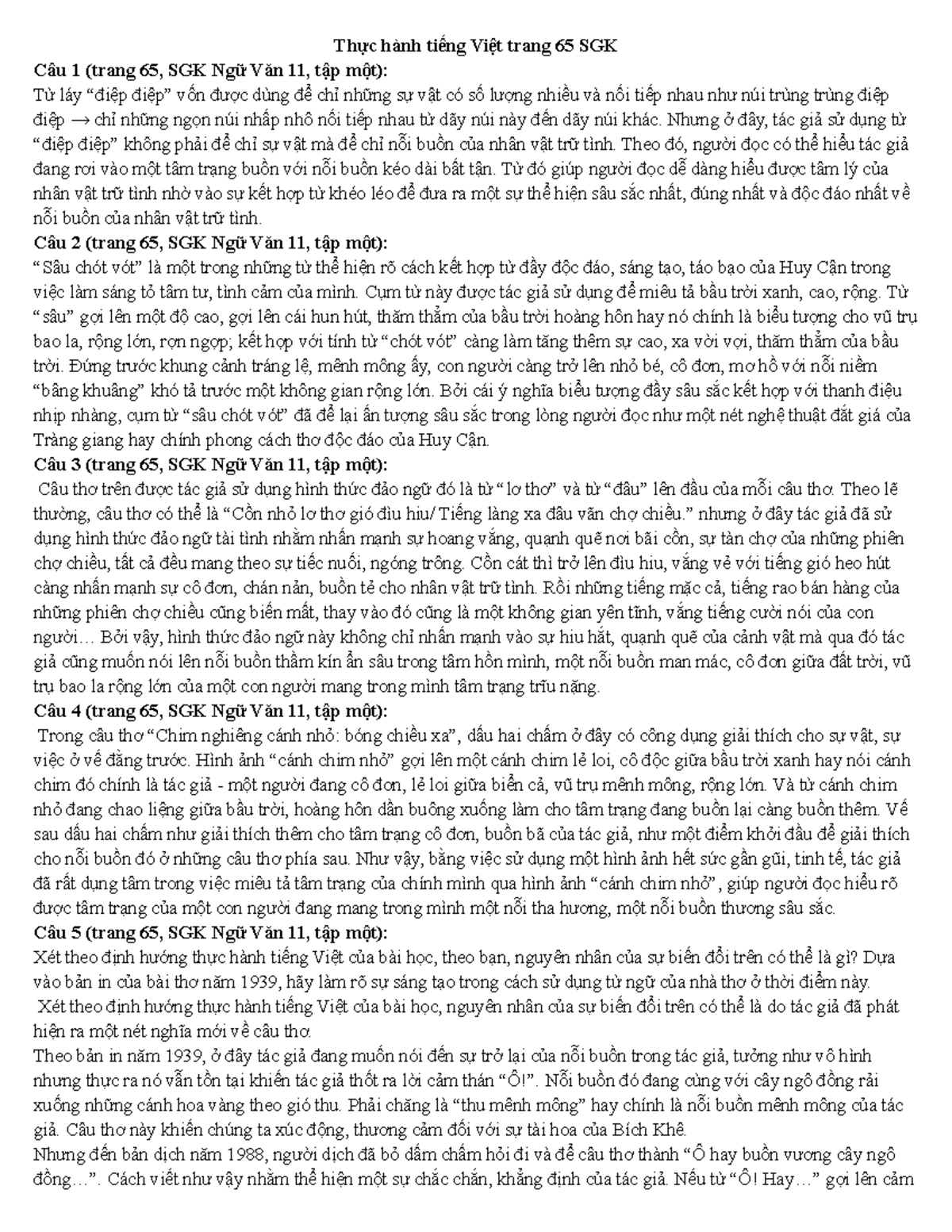 Thực hành tiếng Việt: Phân tích văn bản SGK Ngữ Văn 11, trang 65 - Studocu