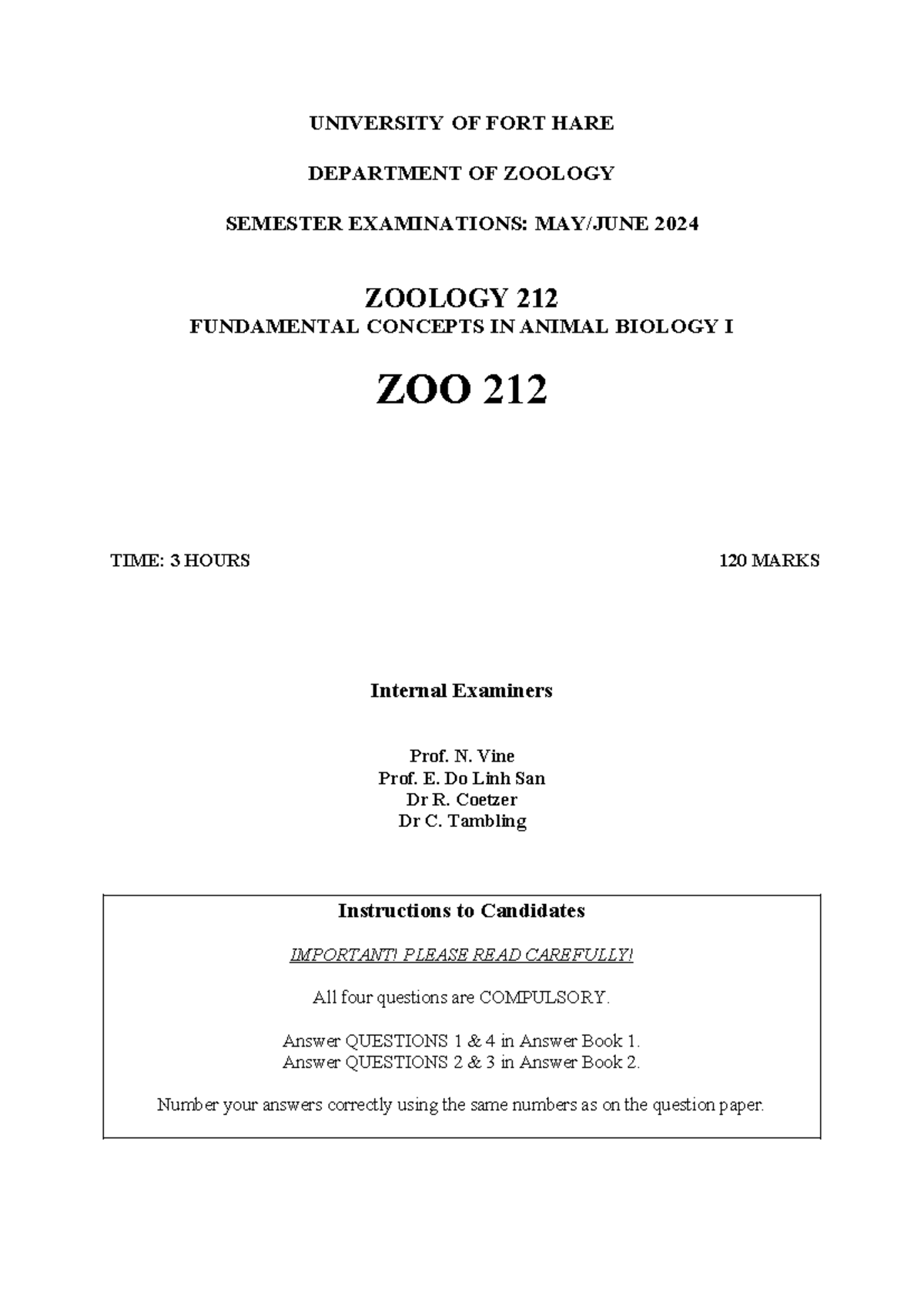 ZOO 212 - 2024 Final Exam Questions on Animal Biology Concepts - Studocu