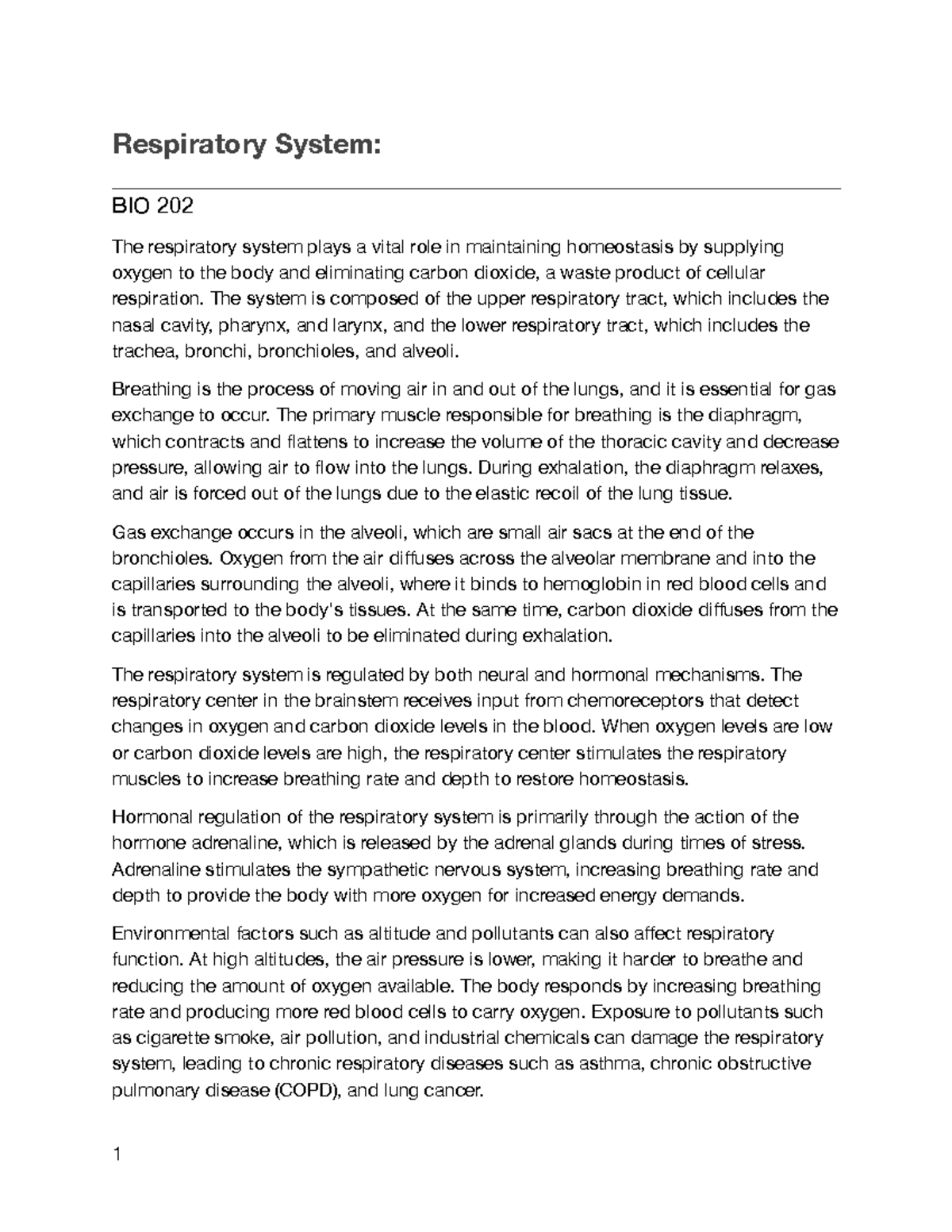 BIO 202: Comprehensive Notes on the Respiratory System - Studocu