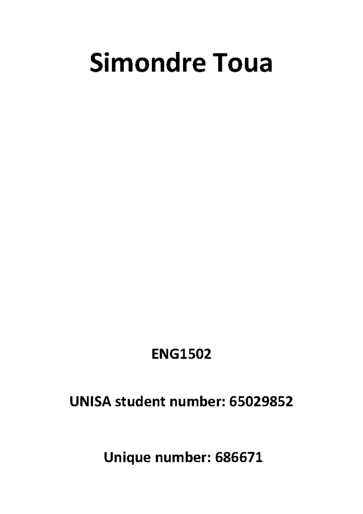 ENG1502 Assignment 02 - Name: Malehlohonolo Prideworth Seema Student ...