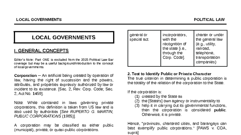 [BOC 2025] Local Governments: Political Law Overview and Concepts - Studocu