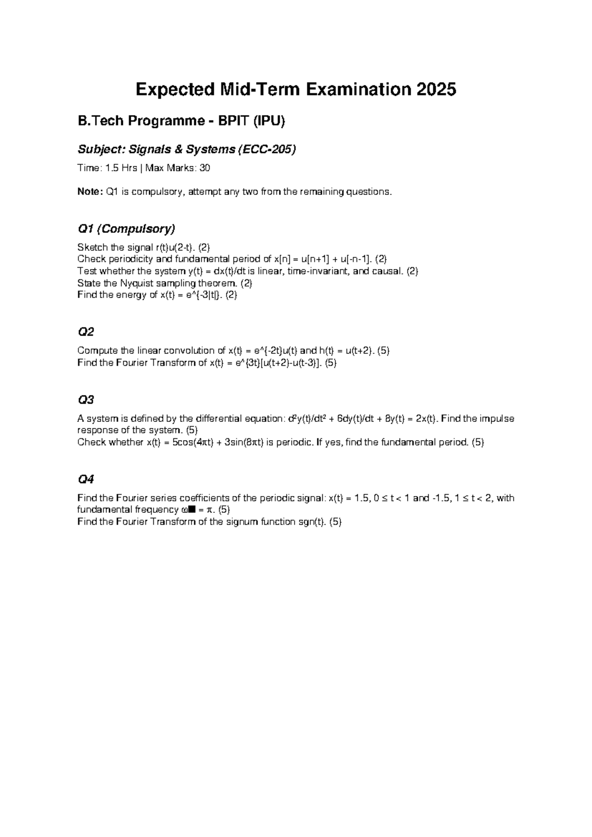 Expected Midterm Exam 2025 B.Tech Signals Systems BPIT (IPU) - Studocu