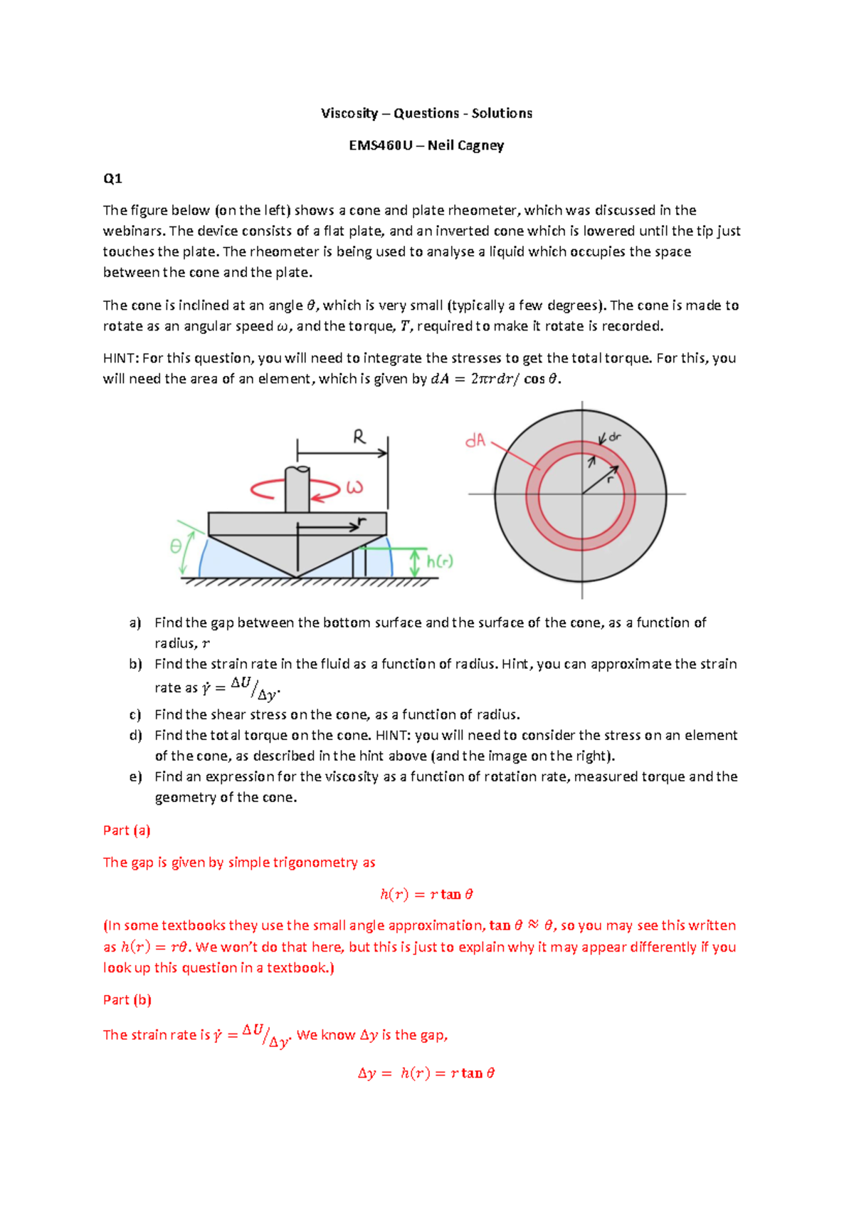 Viscosity Problem Set Solutions EMS460U - Week 10 - Studocu