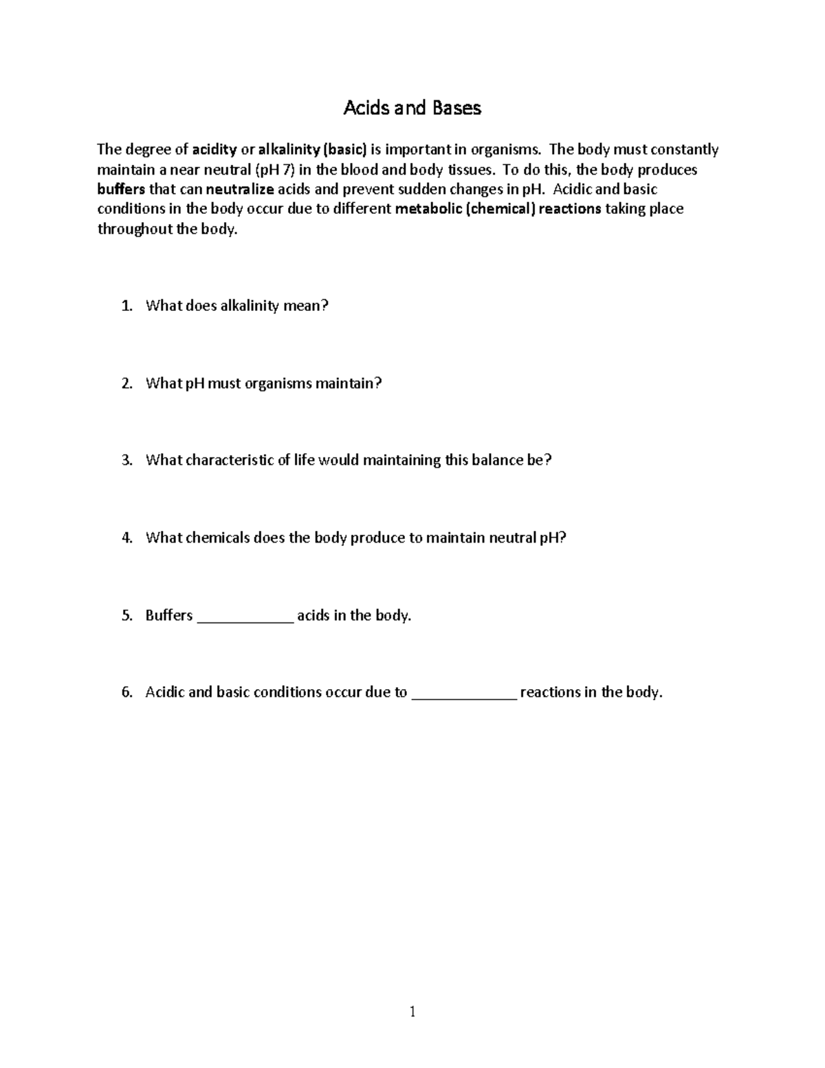 Acids and Bases Worksheet: Understanding pH Balance in Organisms - Studocu