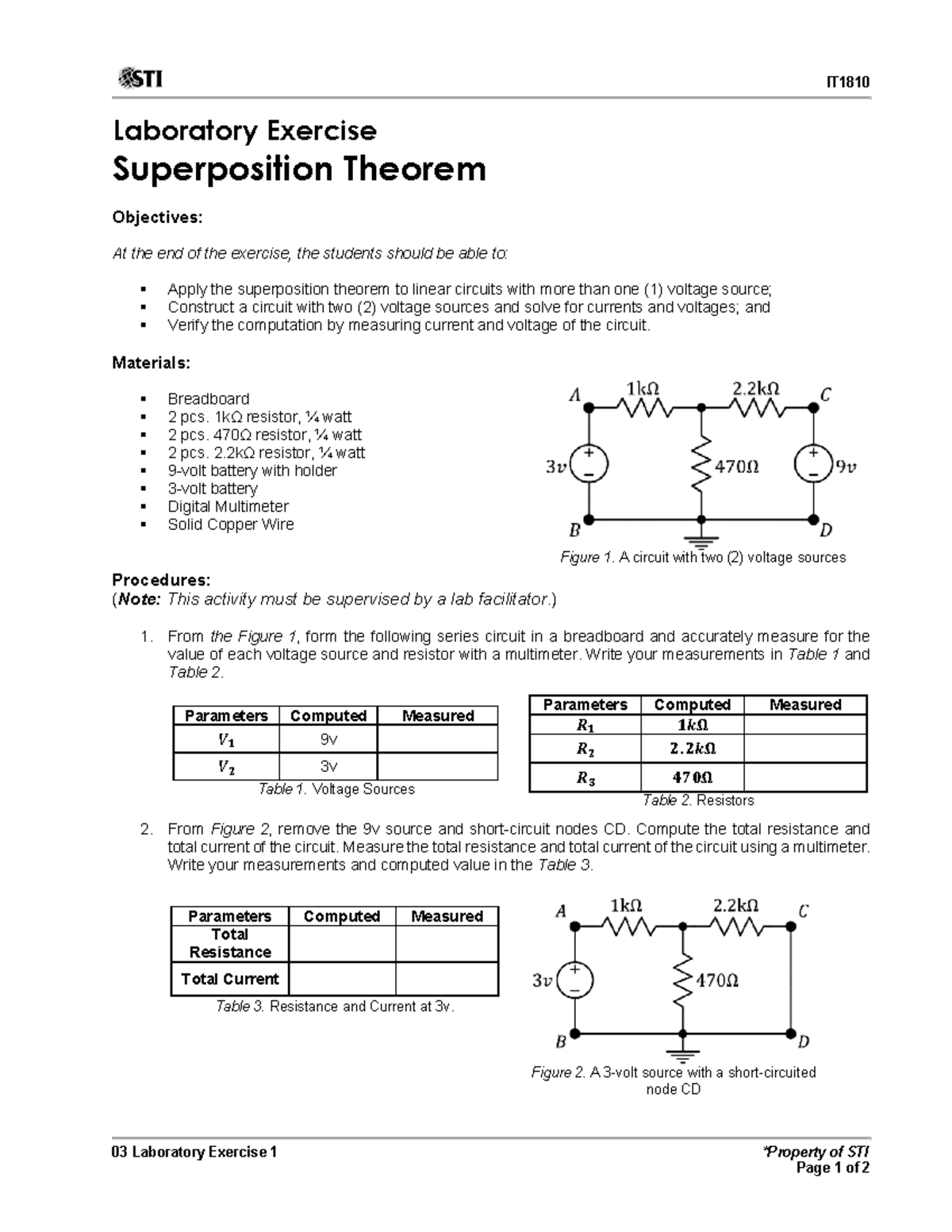 IT1810 Lab Exercise: Superposition Theorem Application - Studocu
