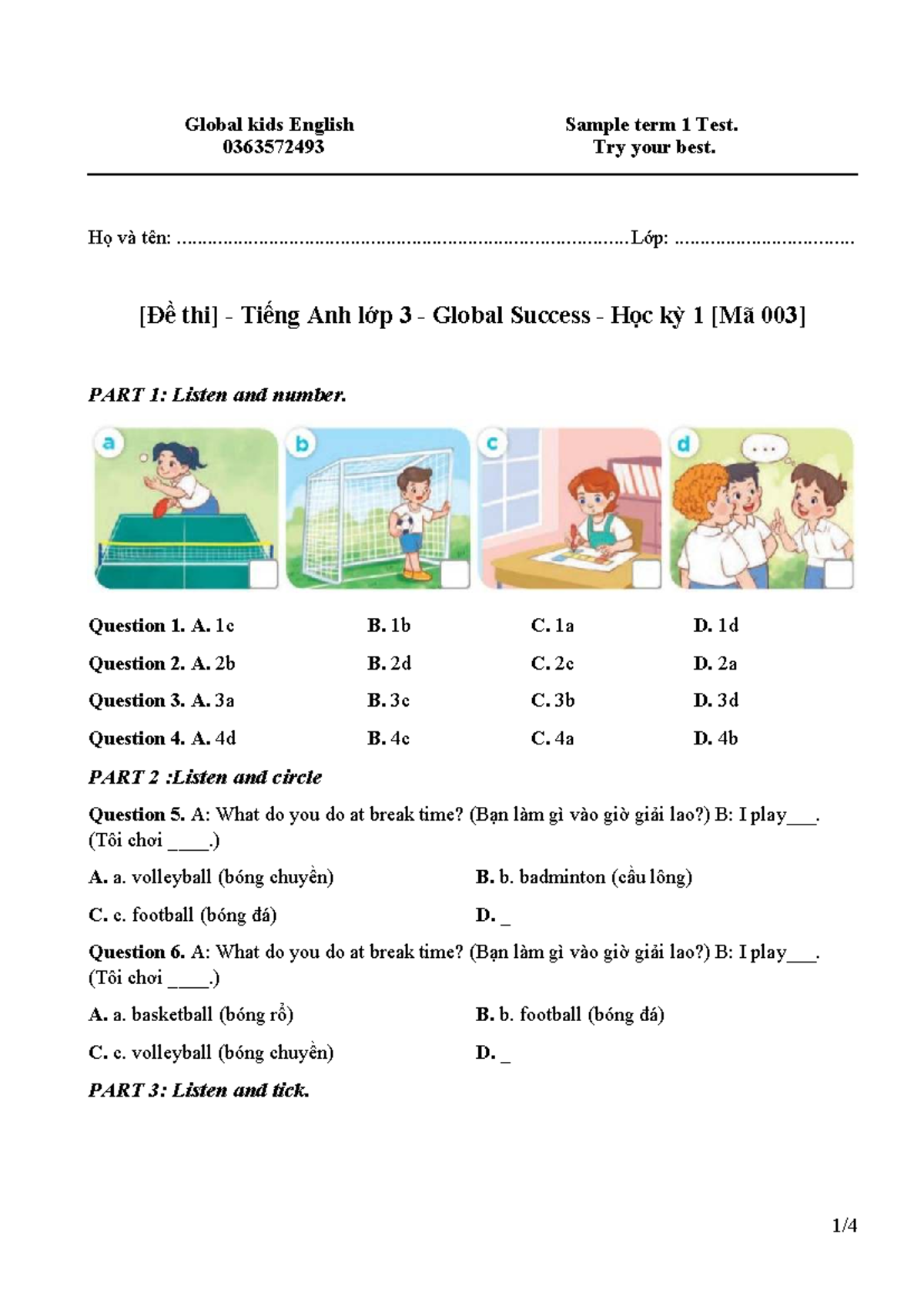 Global Kids English 0363572493 Term 1 Sample Test - Studocu