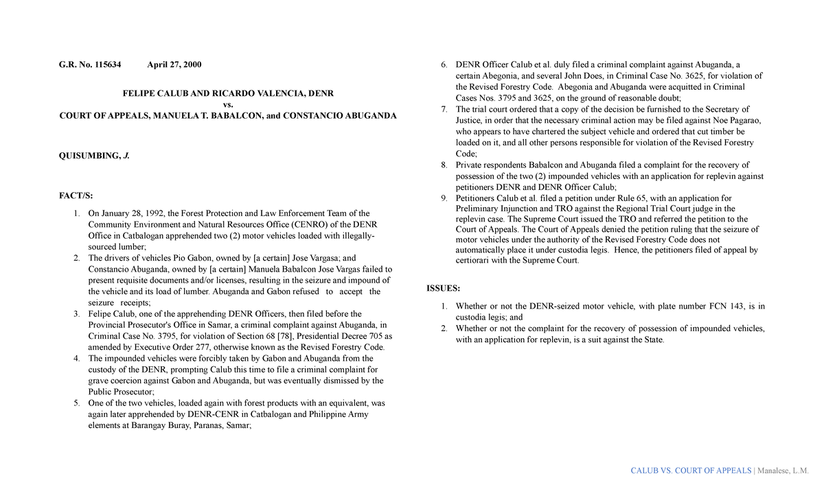 Calub & Valencia vs. Court of Appeals | G.R. No. 115634 Analysis - Studocu