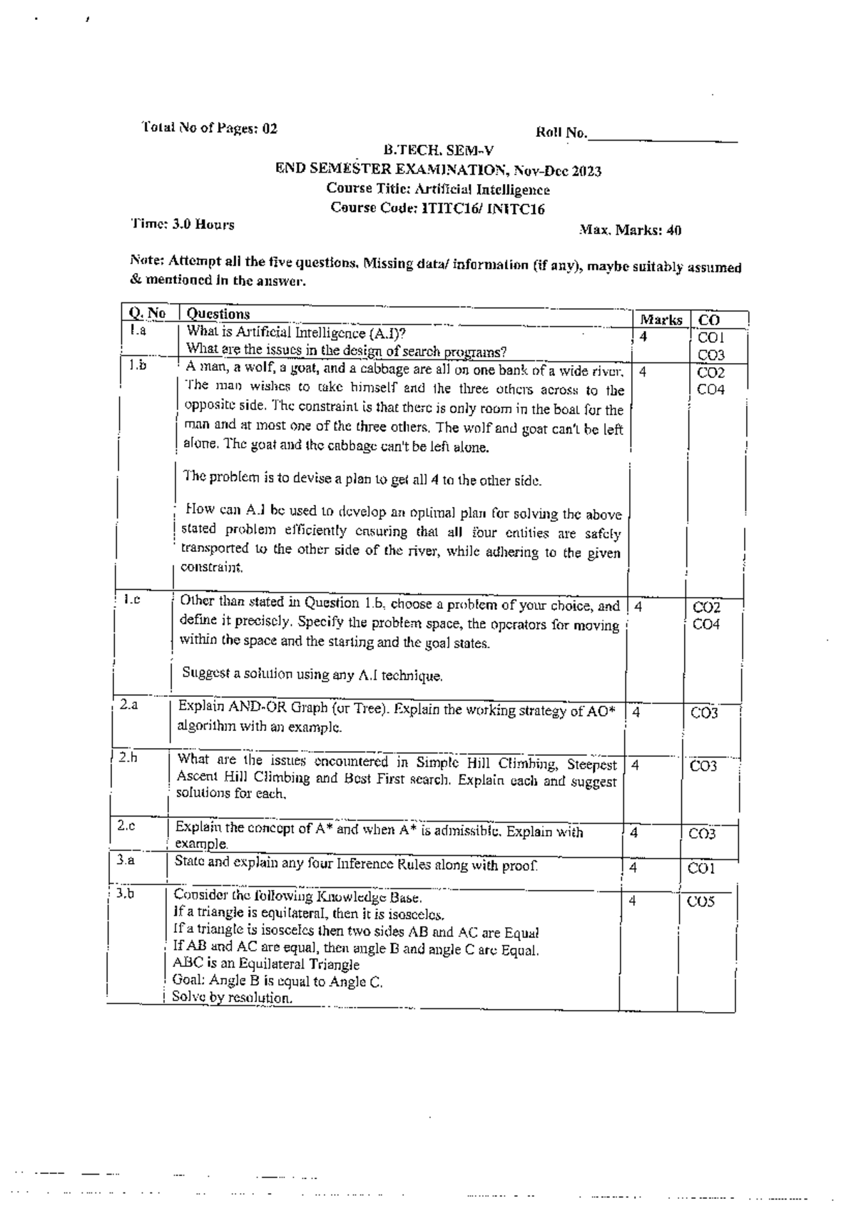 B.TECH. AI End Semester Exam 2023 - Previous Year Questions - Studocu