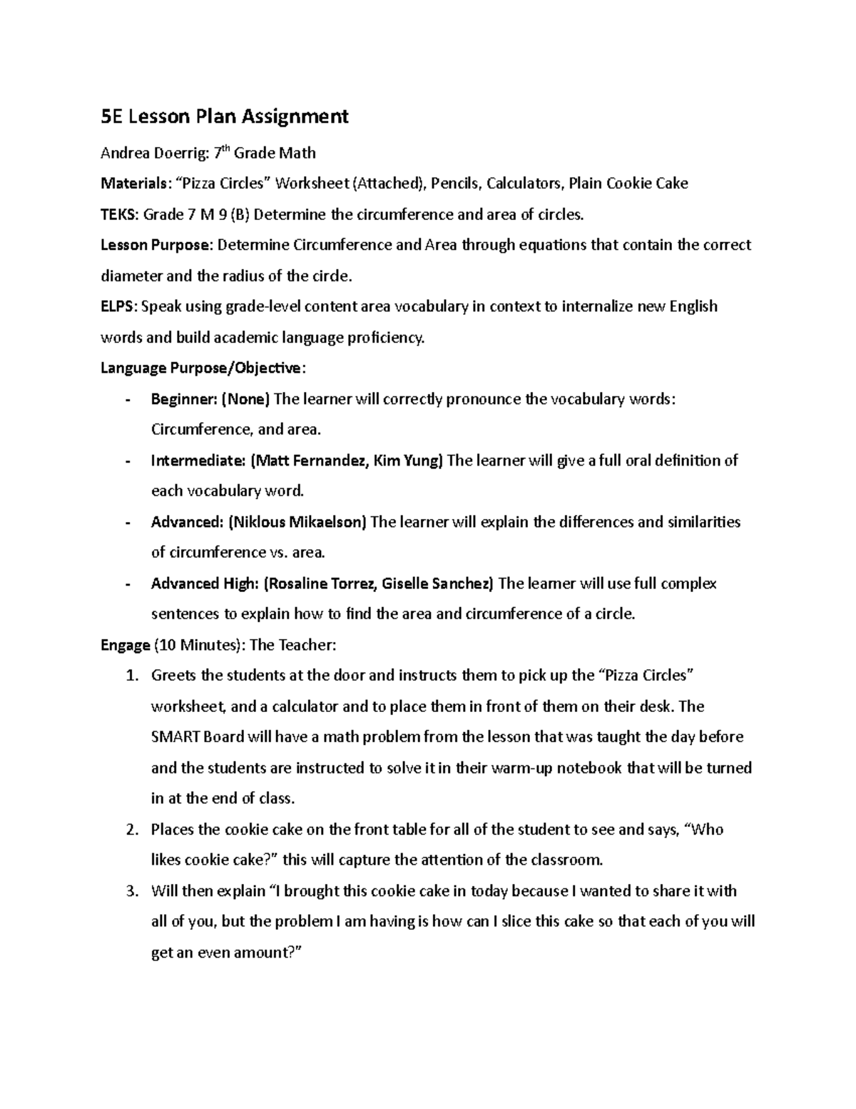 5E Lesson Plan Assignment - 5E Lesson Plan Assignment Andrea Doerrig ...