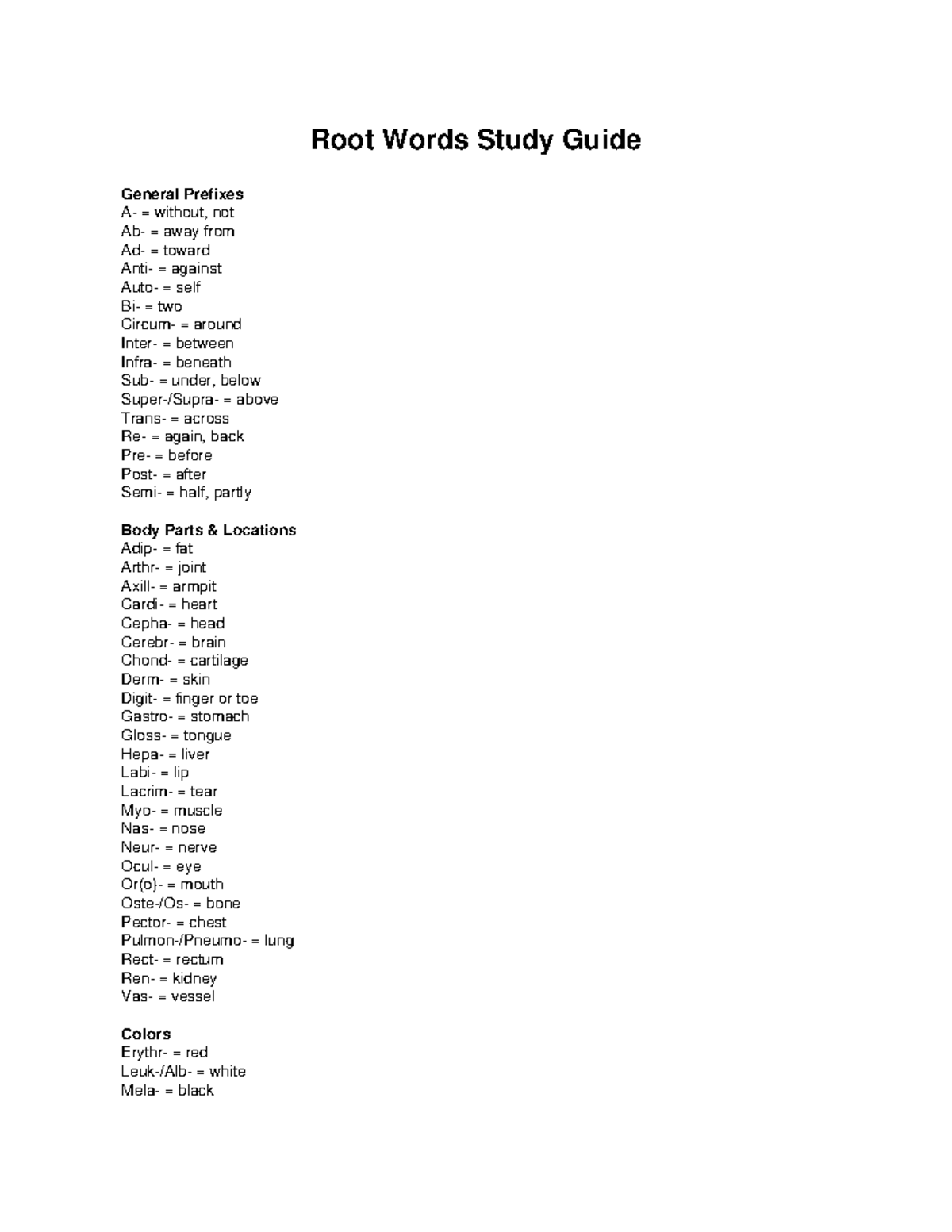 Root Words Study Guide for Health Sciences: Prefixes & Body Parts - Studocu