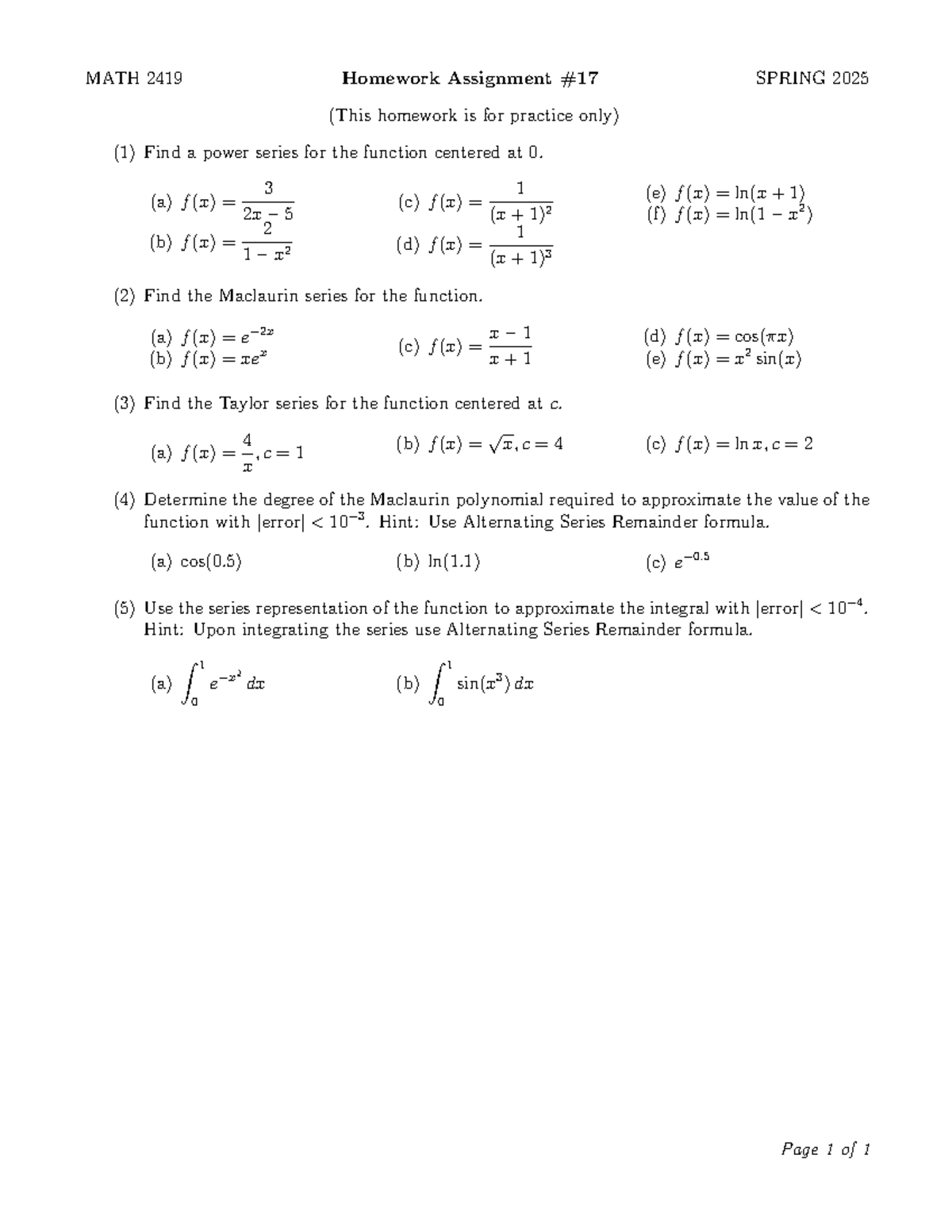 MATH 2419 HW Assignment #17 - Practice on Taylor & Maclaurin Series ...