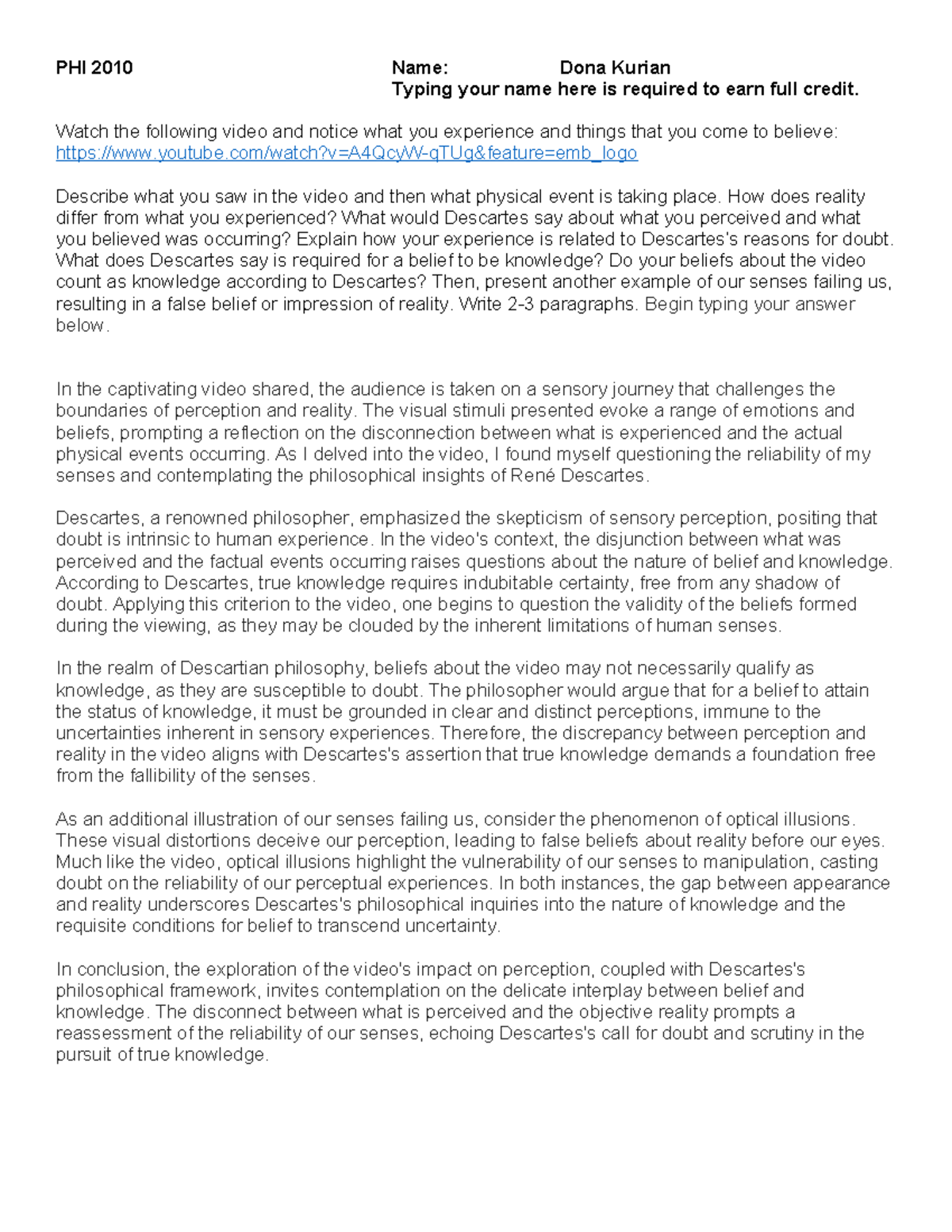 PHI 2010 Assignment 2: Exploring Cartesian Doubt and Perception - Studocu