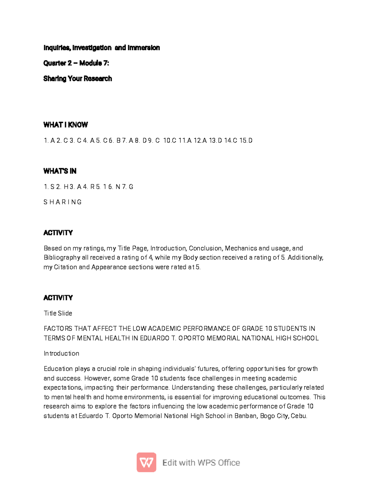 Factors Influencing Low Academic Performance in Grade 10 (Q2 Module 7 ...
