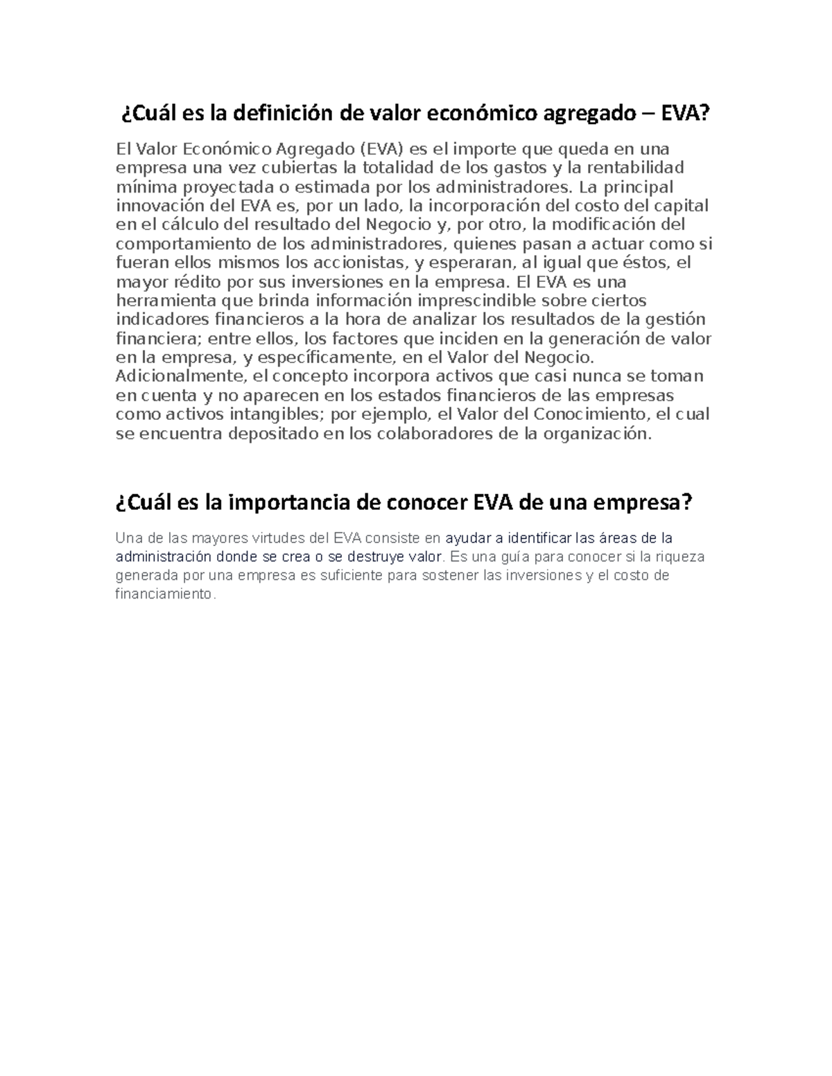EVA - Definición y Importancia del Valor Económico Agregado - Studocu