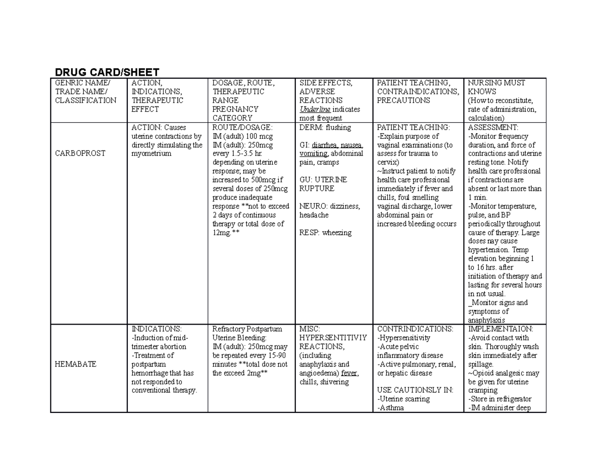 Carboprost (Hemabate): Drug Profile & Patient Care Overview - Studocu